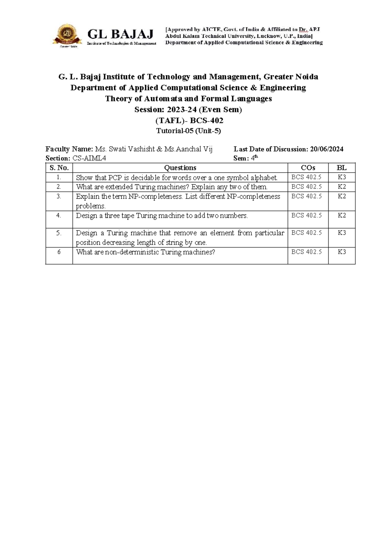 TAFL Unit 5 Tutorials - BCS 402.5 Automata & Formal Languages - Studocu
