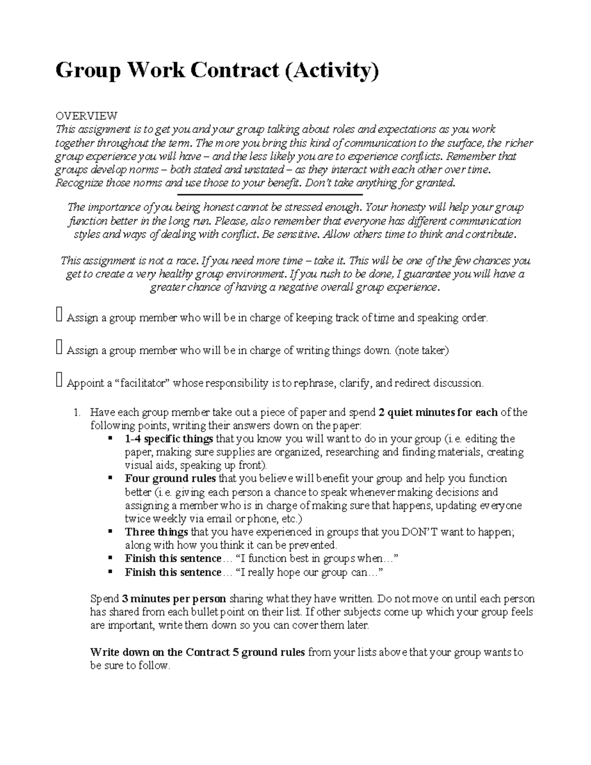 COMM 205 Group Work Contract: Roles & Expectations Overview - Studocu