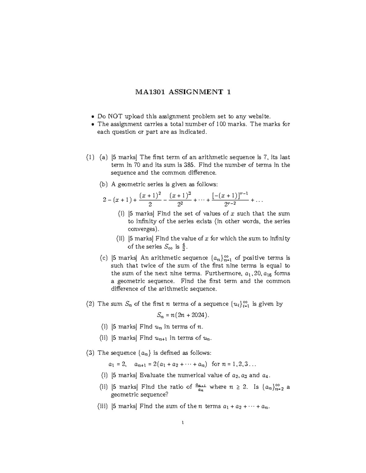 MA1301 Assignment 1: Sequences and Series Problem Set - Studocu
