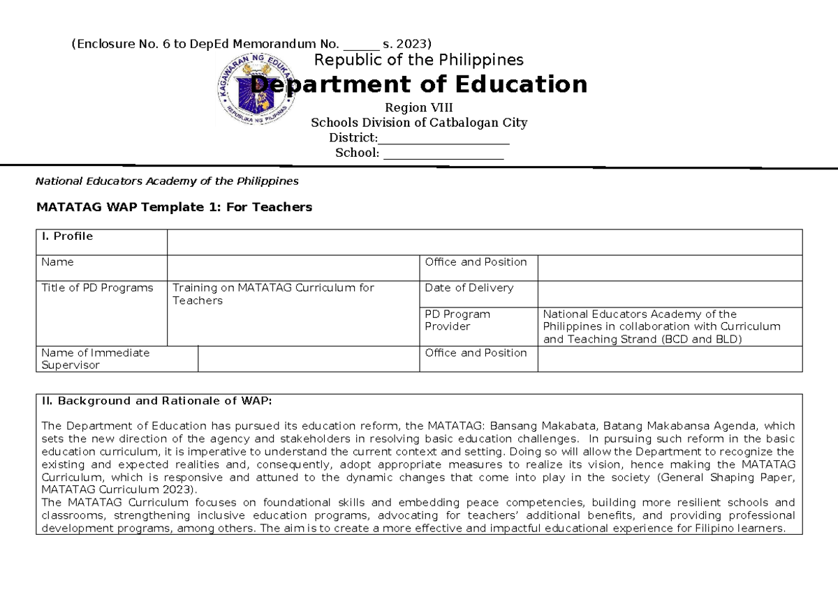 WAP for Teachers with sample D1 - (Enclosure No. 6 to DepEd Memorandum ...