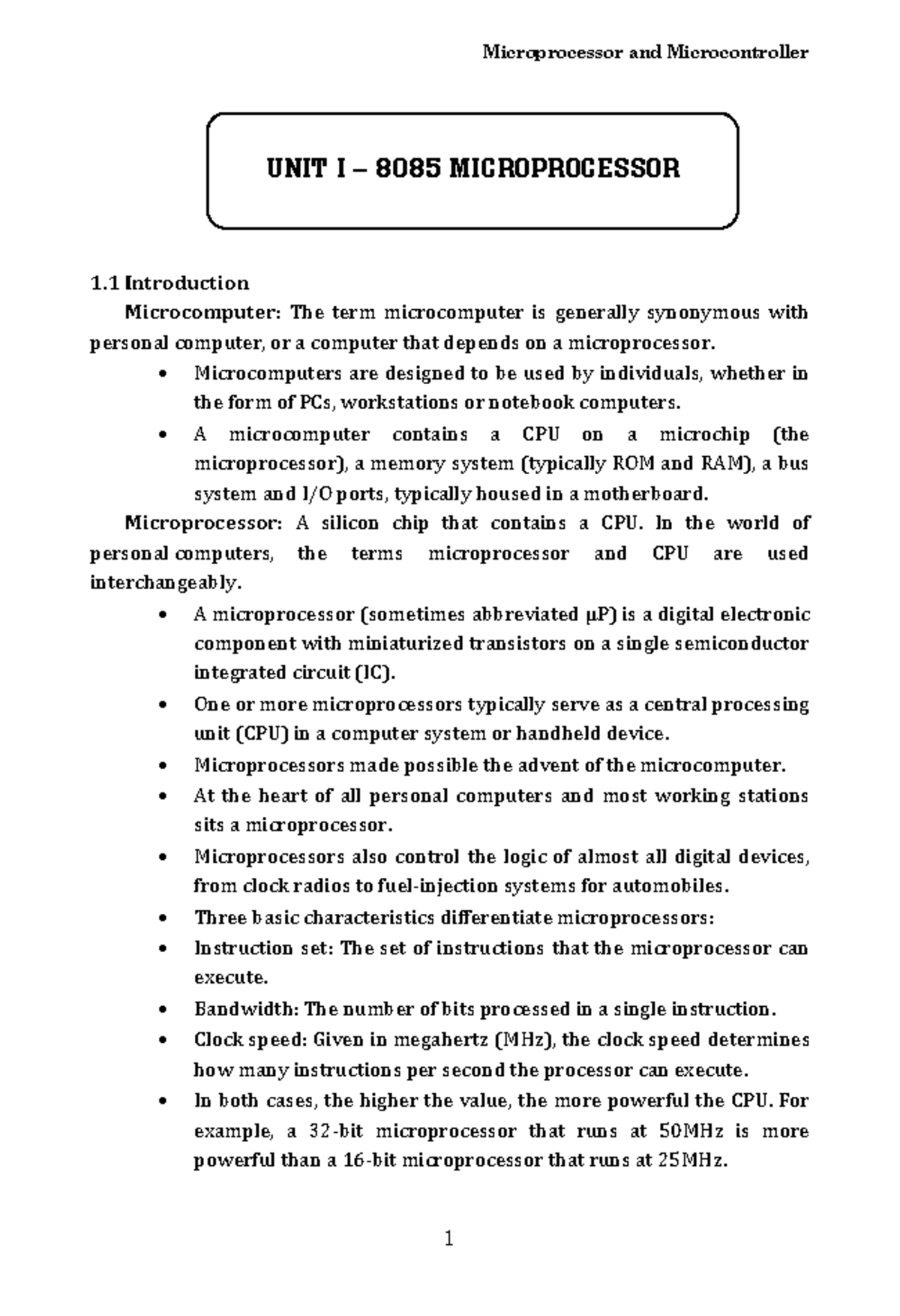 Unit 1: Fundamentals of Microprocessor (8085) and Microcontrollers ...