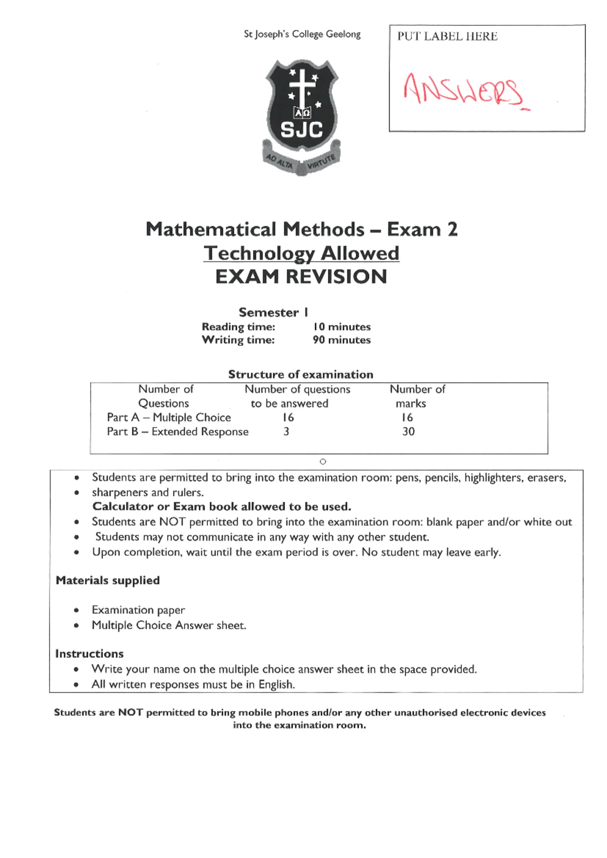 Maths Methods Unit 1 Exam Study Guide & Revision 2023 - Studocu