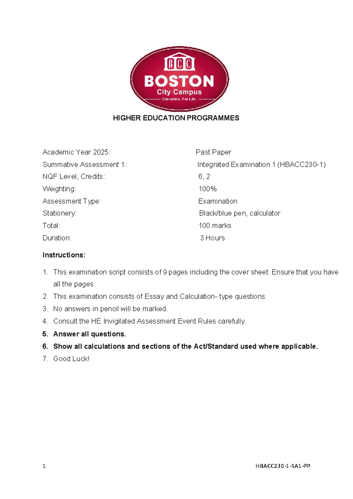Hbacc 230 1 SA1 PP - Integrated Exam Past Paper 2025 - Studocu