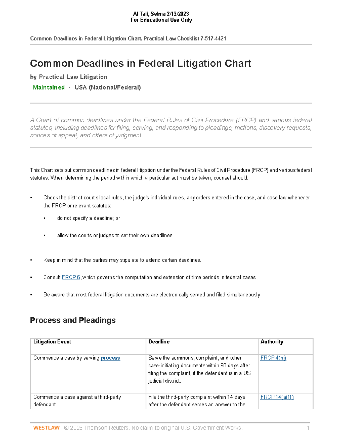 Common Deadlines in Federal Litigation: Practical Law Checklist 7-517 ...