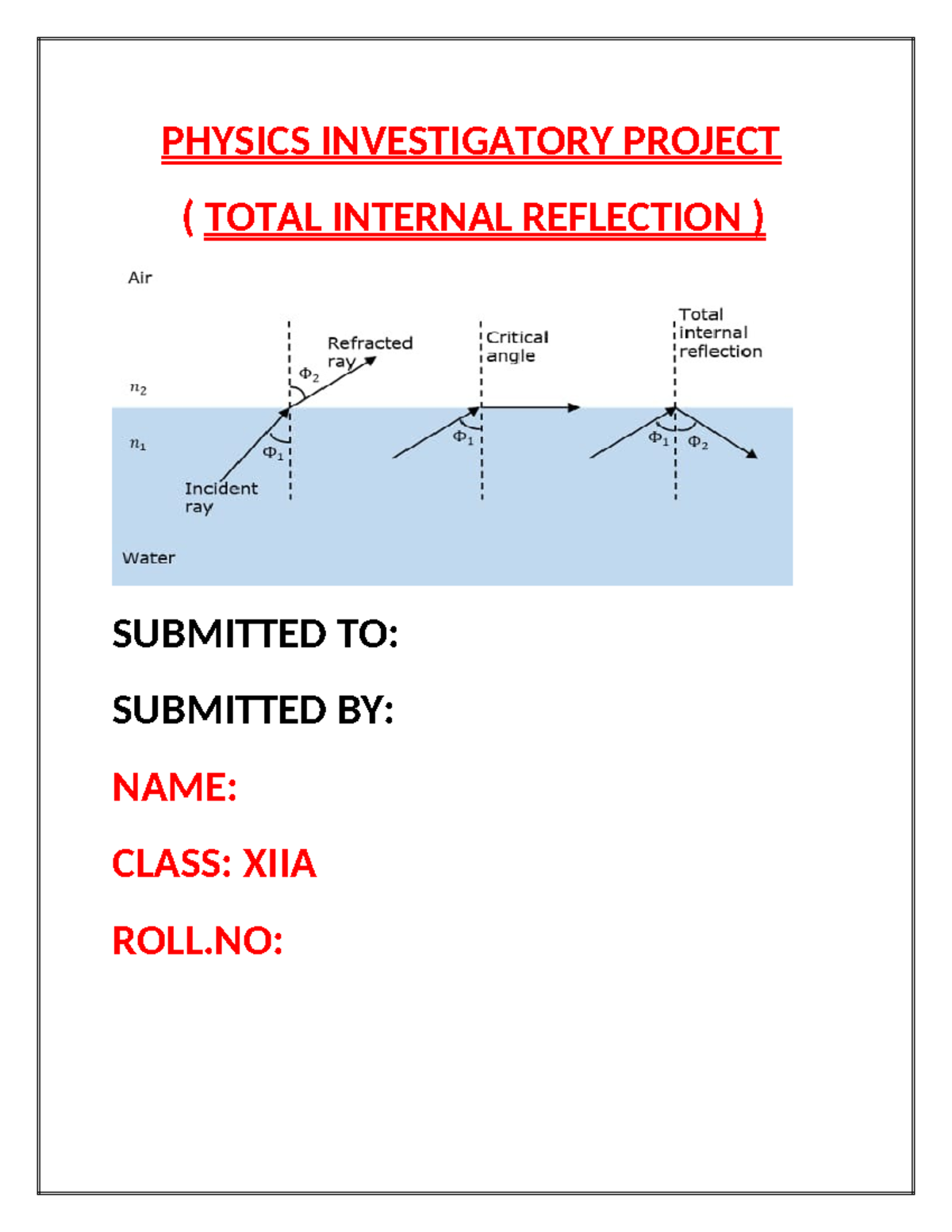 Project Report on Total Internal Reflection - PHYSICS INVESTIGATORY PROJECT ( TOTAL INTERNAL ...