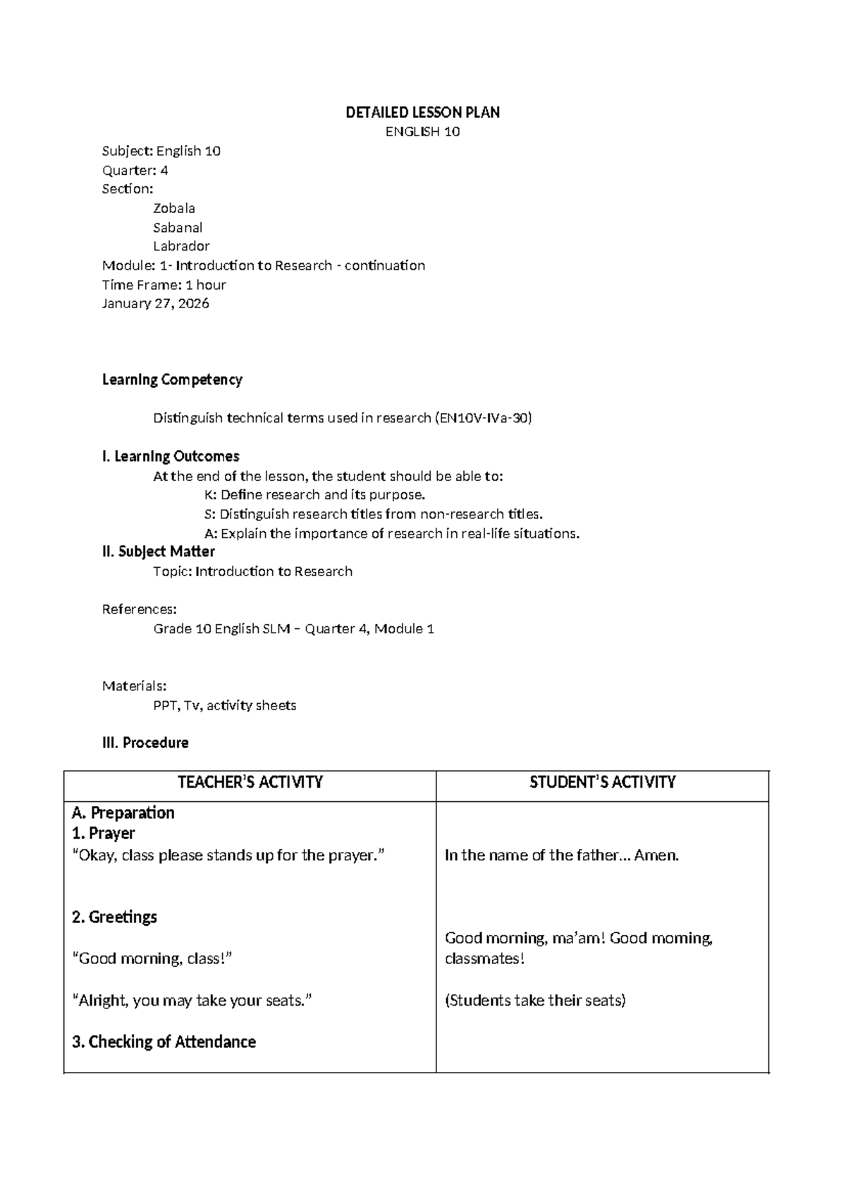 English 10 - Detailed Lesson Plan: Introduction to Research - Studocu