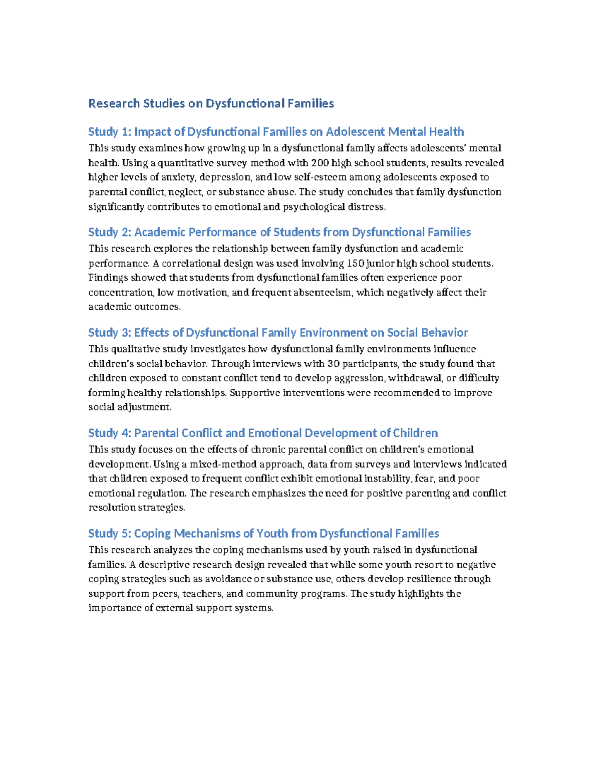 Research Studies on Dysfunctional Families: Impact on Youth Mental ...