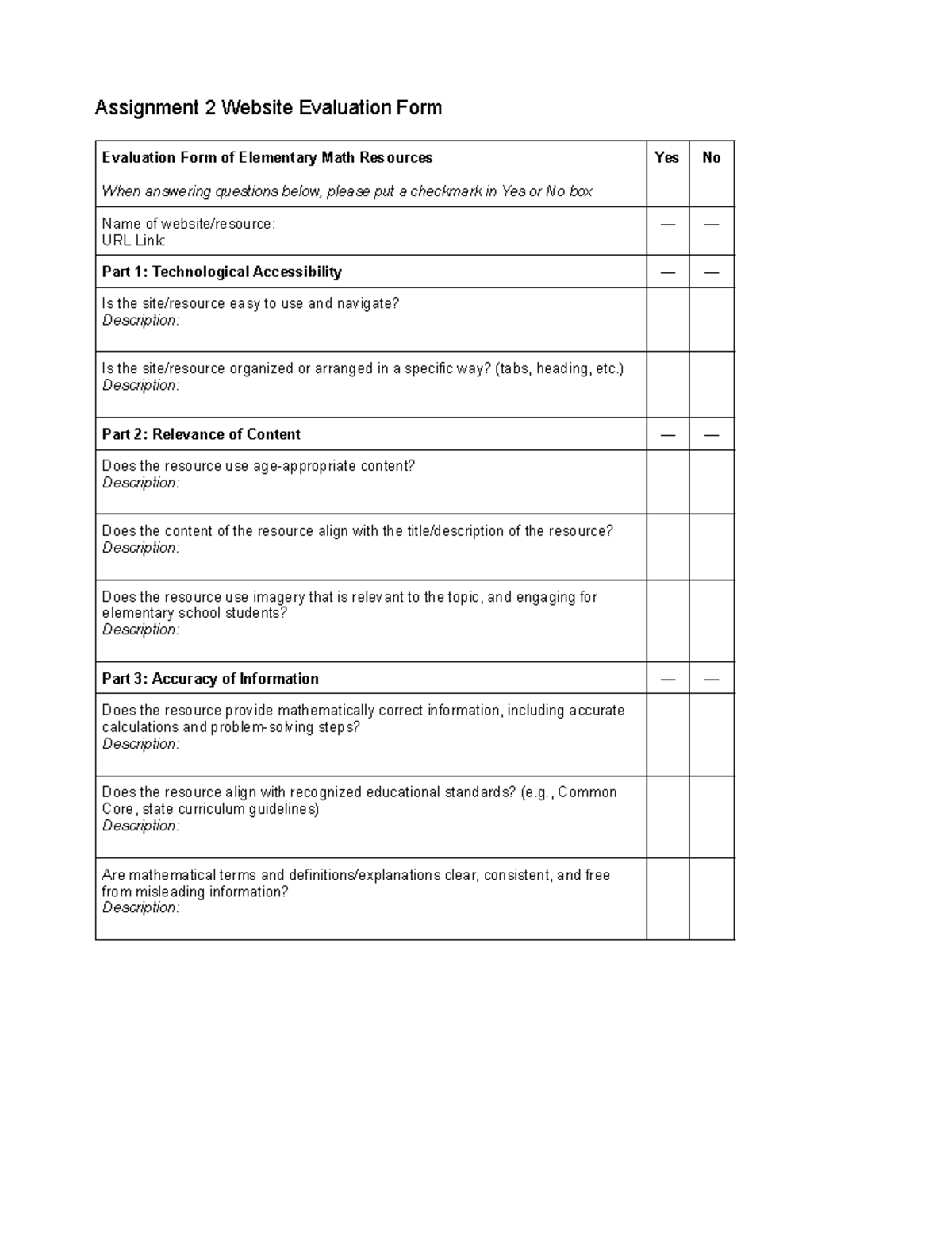Evaluation Form for Elementary Math (Course Code: N1) - Studocu