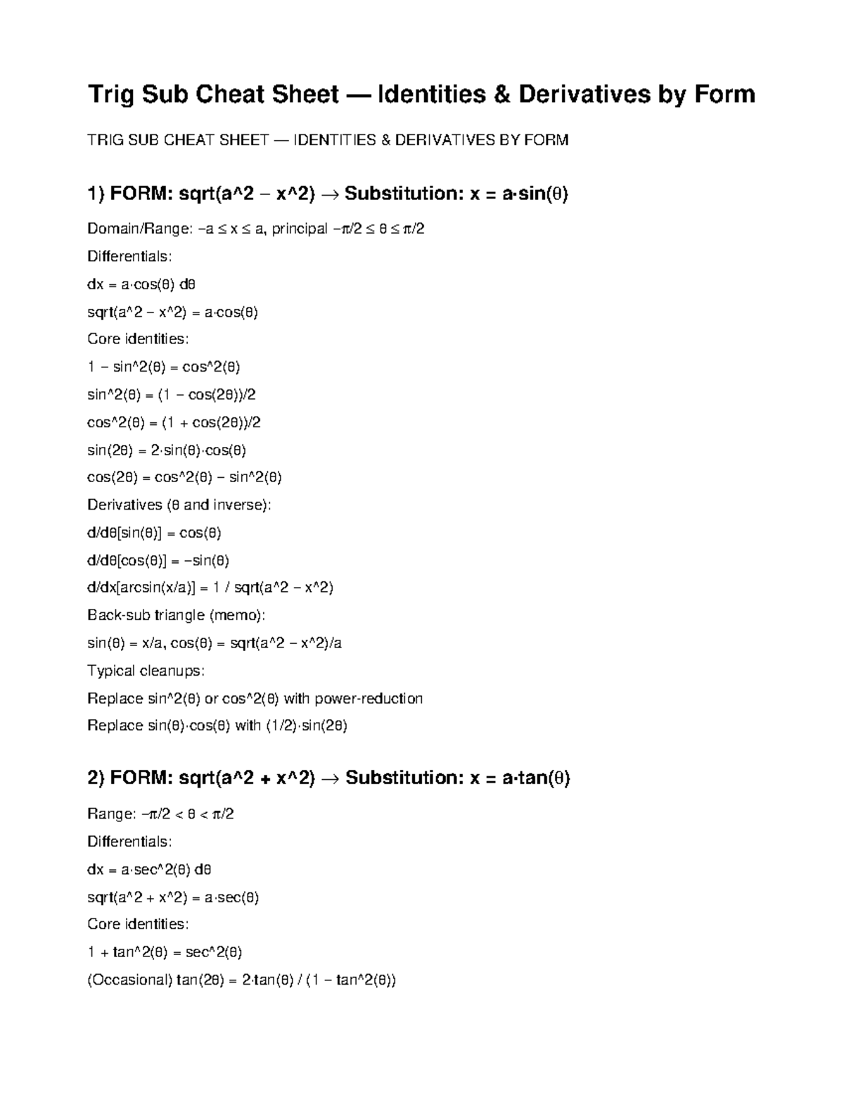TRIG 101: Substitution Cheat Sheet for Identities & Derivatives - Studocu