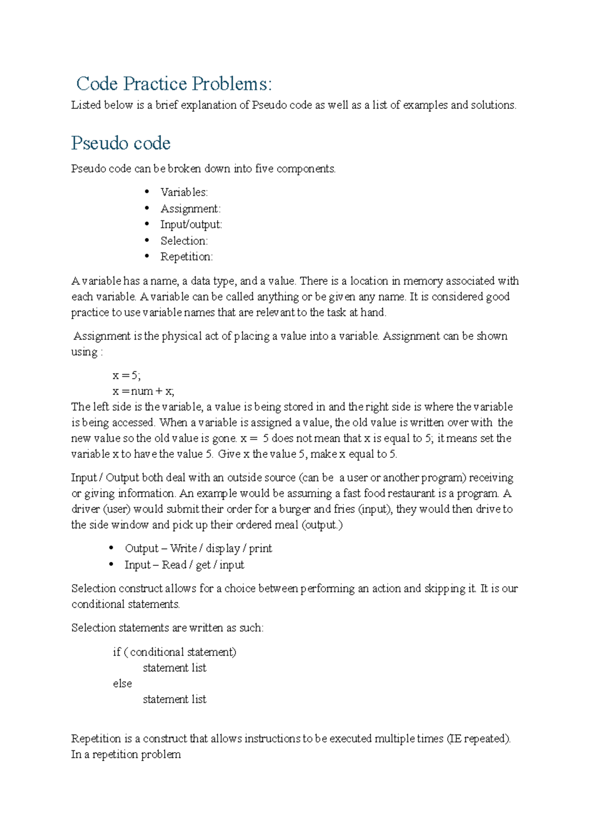 Pseudo Code Practice Problems - Code Practice Problems: Listed below is ...