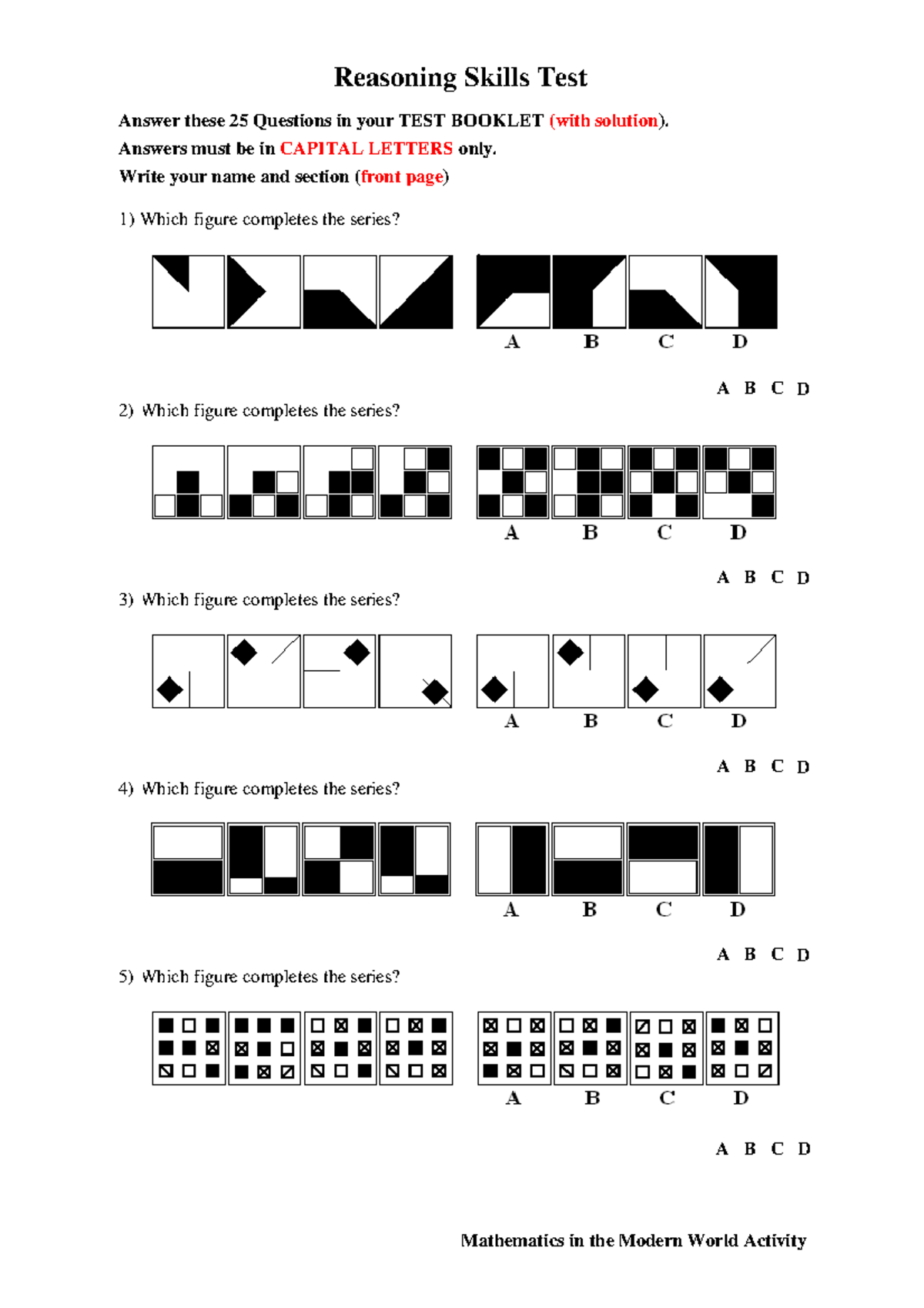 Reasoning - Summary mathematics - Reasoning Skills Test Answer these 25 ...