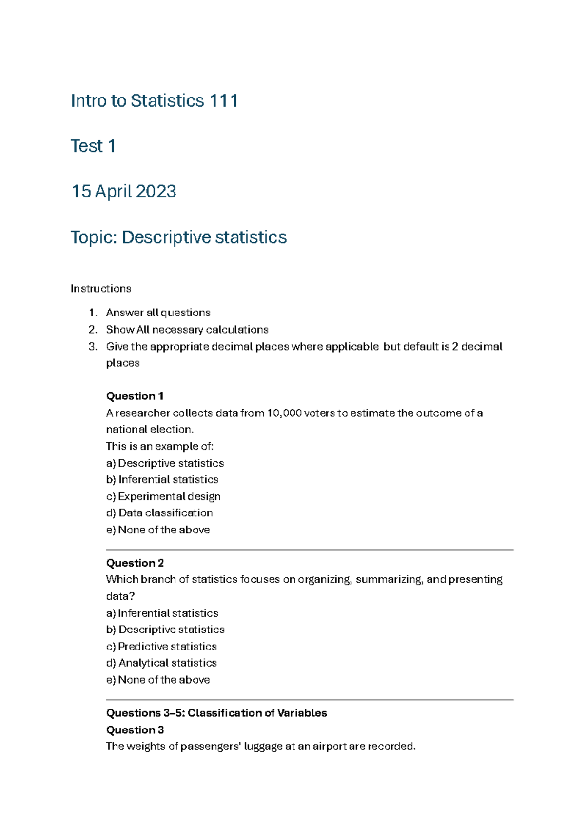 Statistics 111 Test 1: Descriptive Statistics Overview and Questions ...
