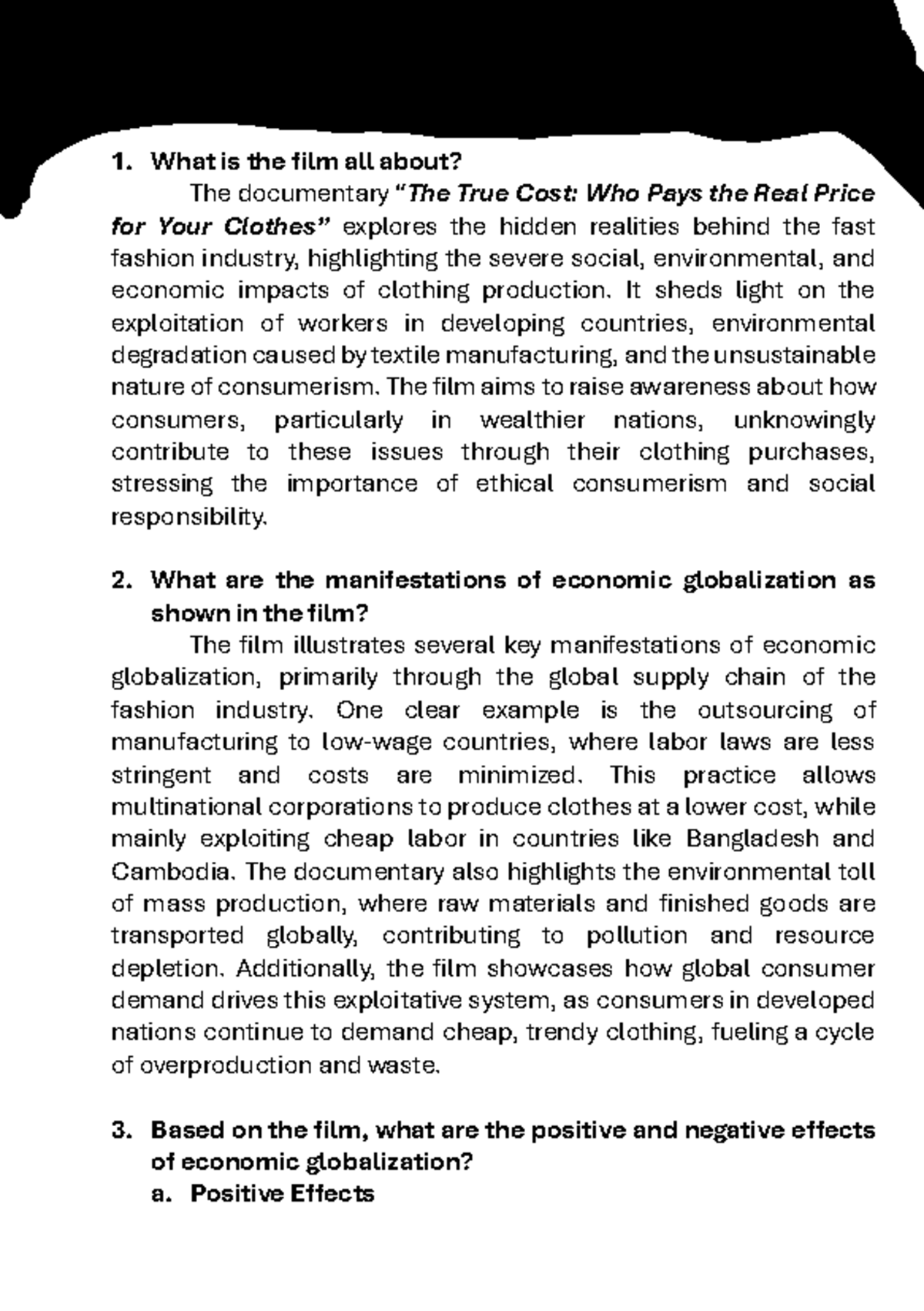Economic Globalization Documentary Analysis (1) copy - Name: Shane E ...