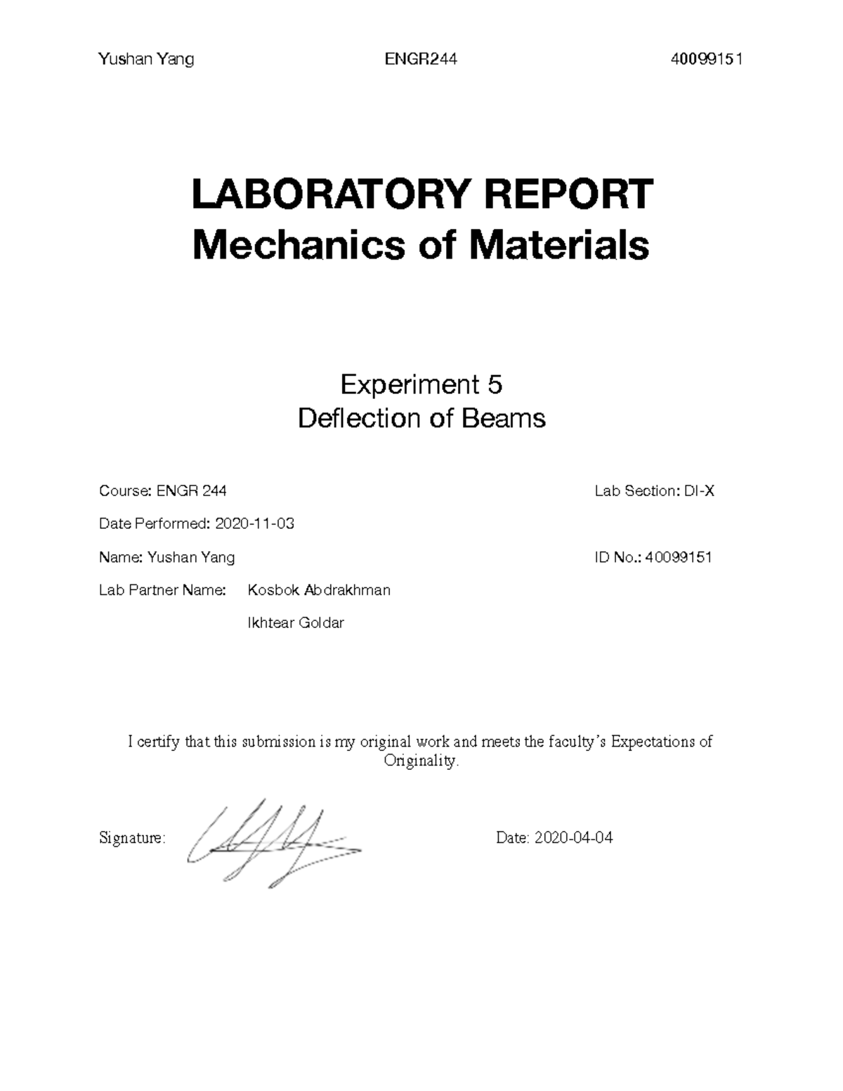 Deflection of Beams - Lab 5 Report for ENGR244 Mechanics of Materials ...