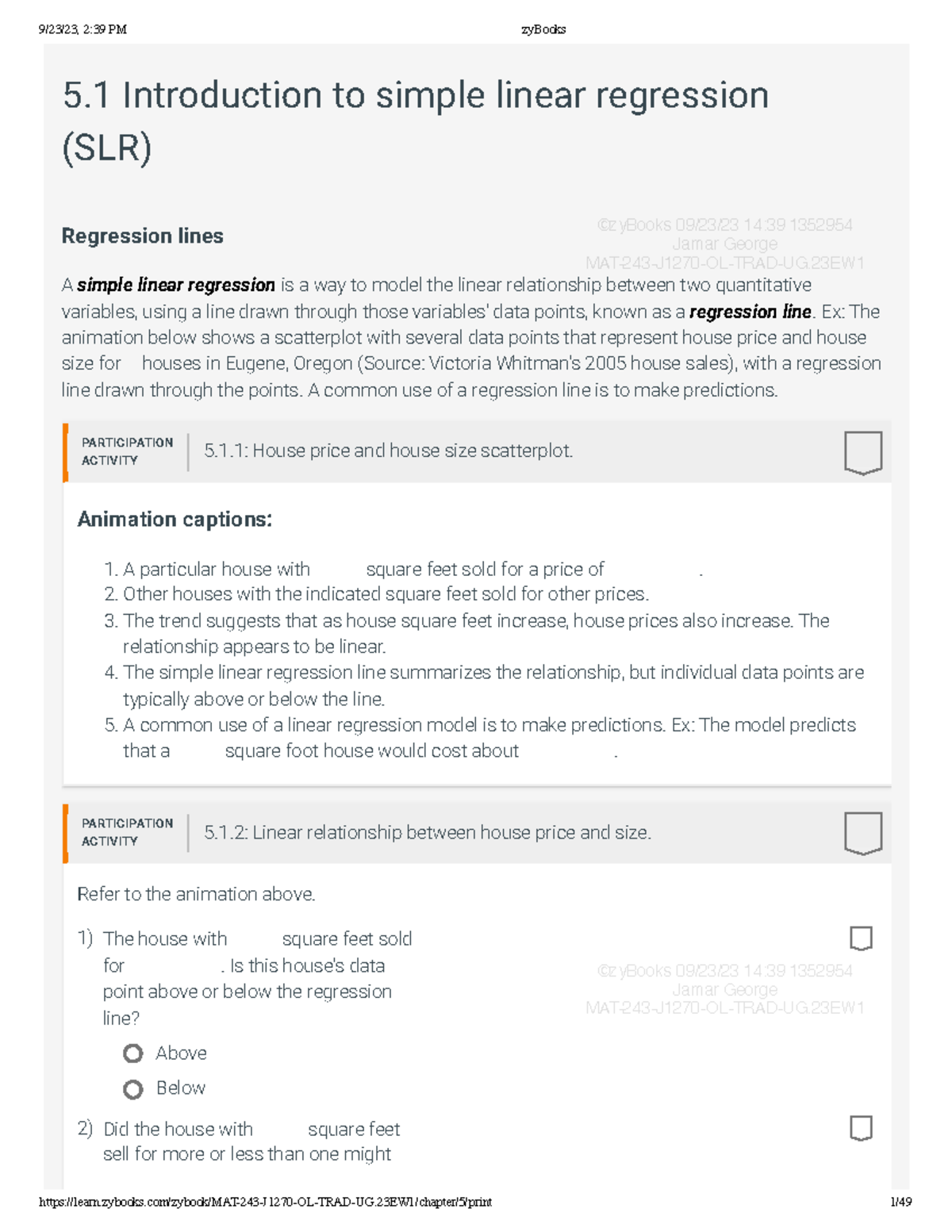 MAT-243-J1270-OL-TRAD-UG.23EW: Linear Regression Concepts - Ch. 5 Guide - Studocu
