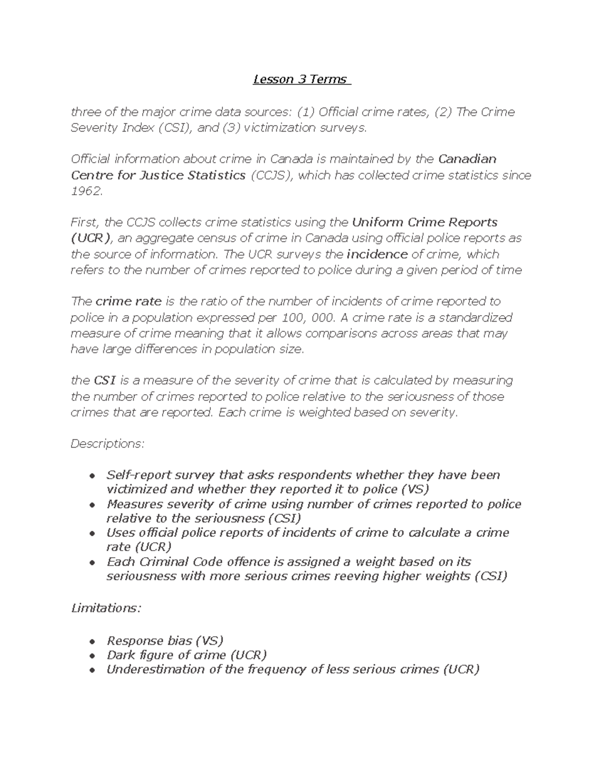 Lesson 3 Notes - Lesson 3 Terms three of the major crime data sources ...
