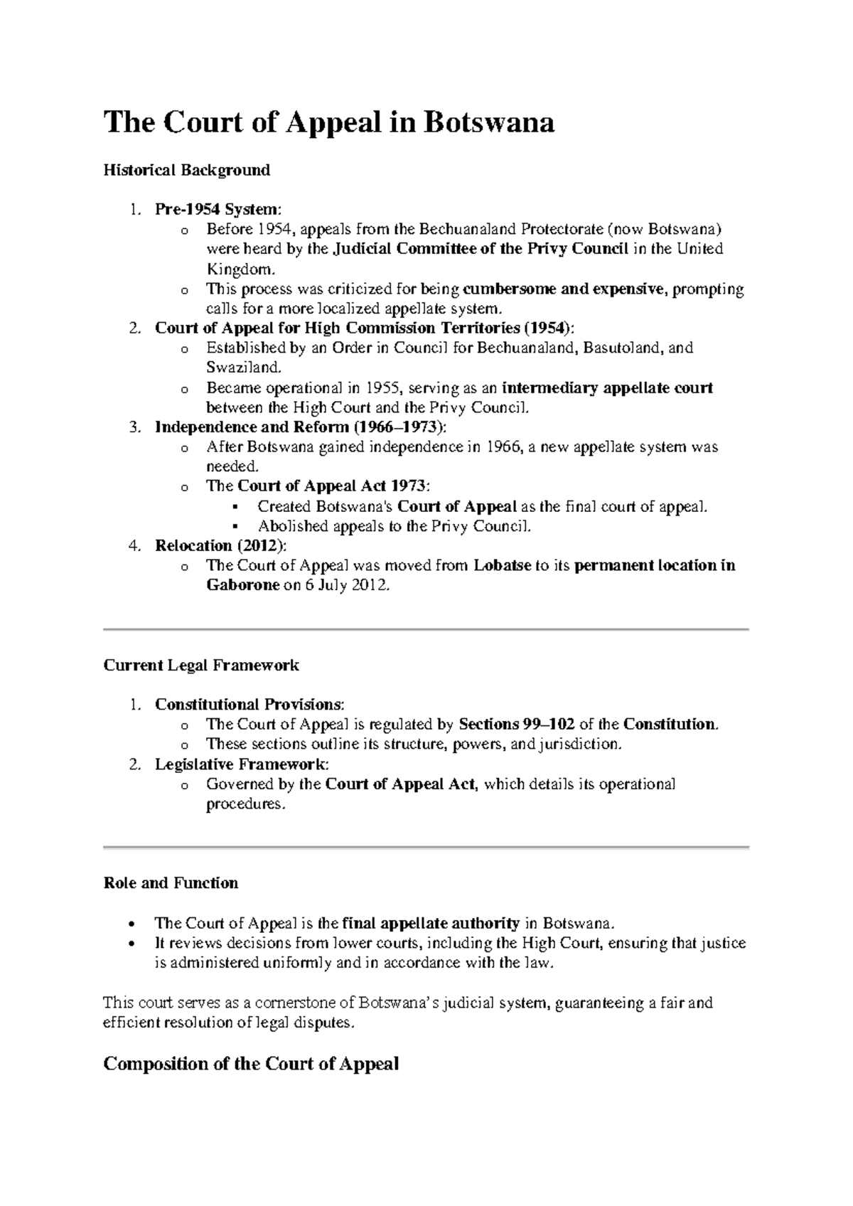 Botswana Court of Appeal Structure and Legal Framework Notes - Studocu