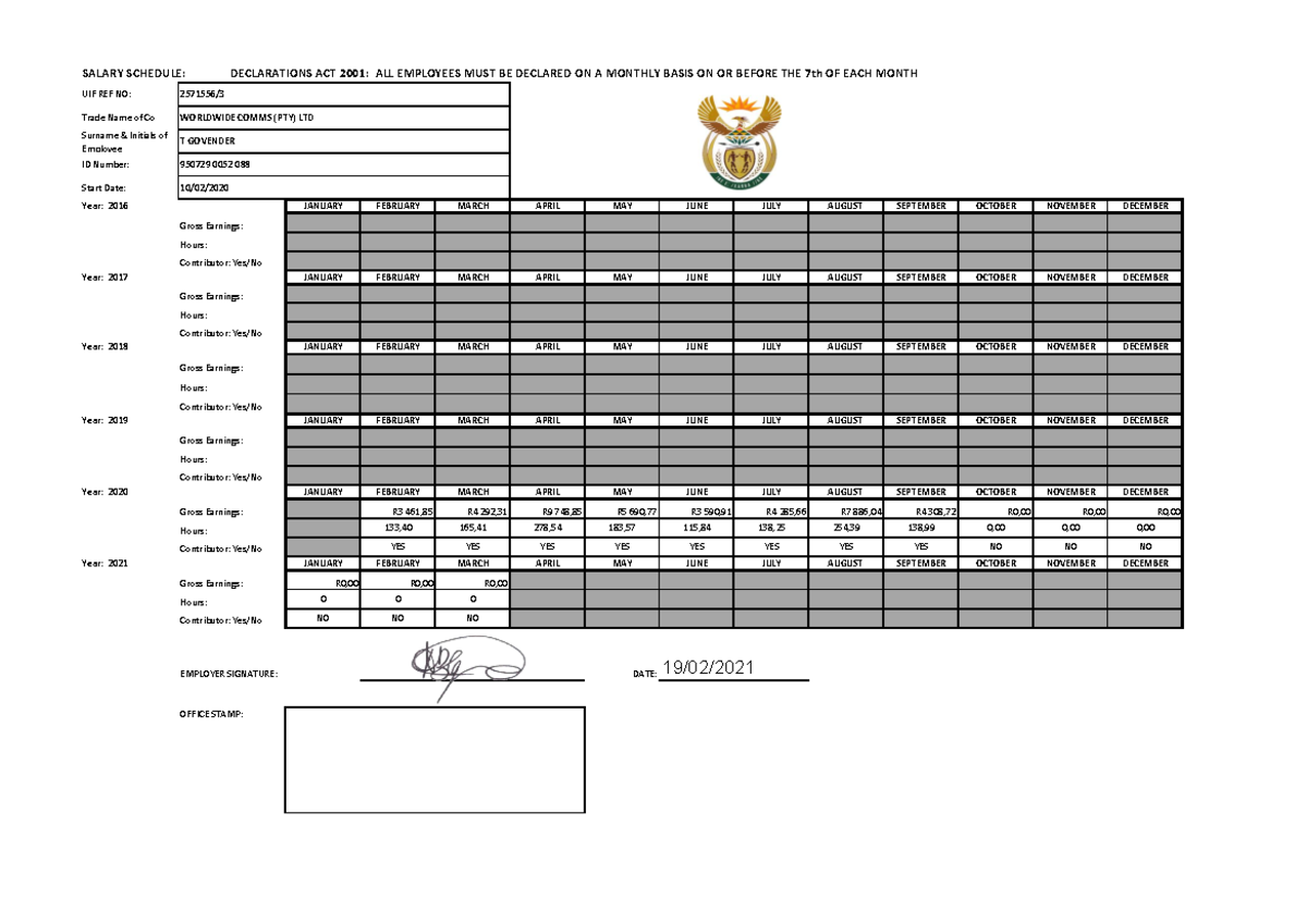 Copy of WORK Salary Schedule 2021 - Monthly Declarations - Studocu