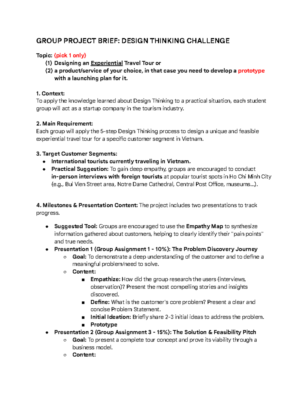 GROUP PROJECT BRIEF: DESIGN THINKING CHALLENGE (Tourism) - Studocu