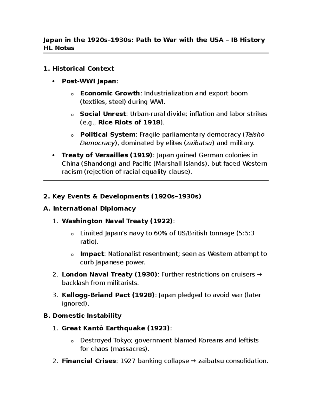 Japan in the 1920s - notes - Japan in the 1920s–1930s: Path to War with ...