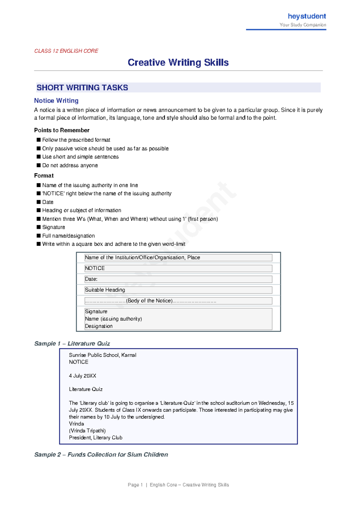 CLASS 12 ENGLISH CORE Creative Writing Skills: Notice Writing Guide ...