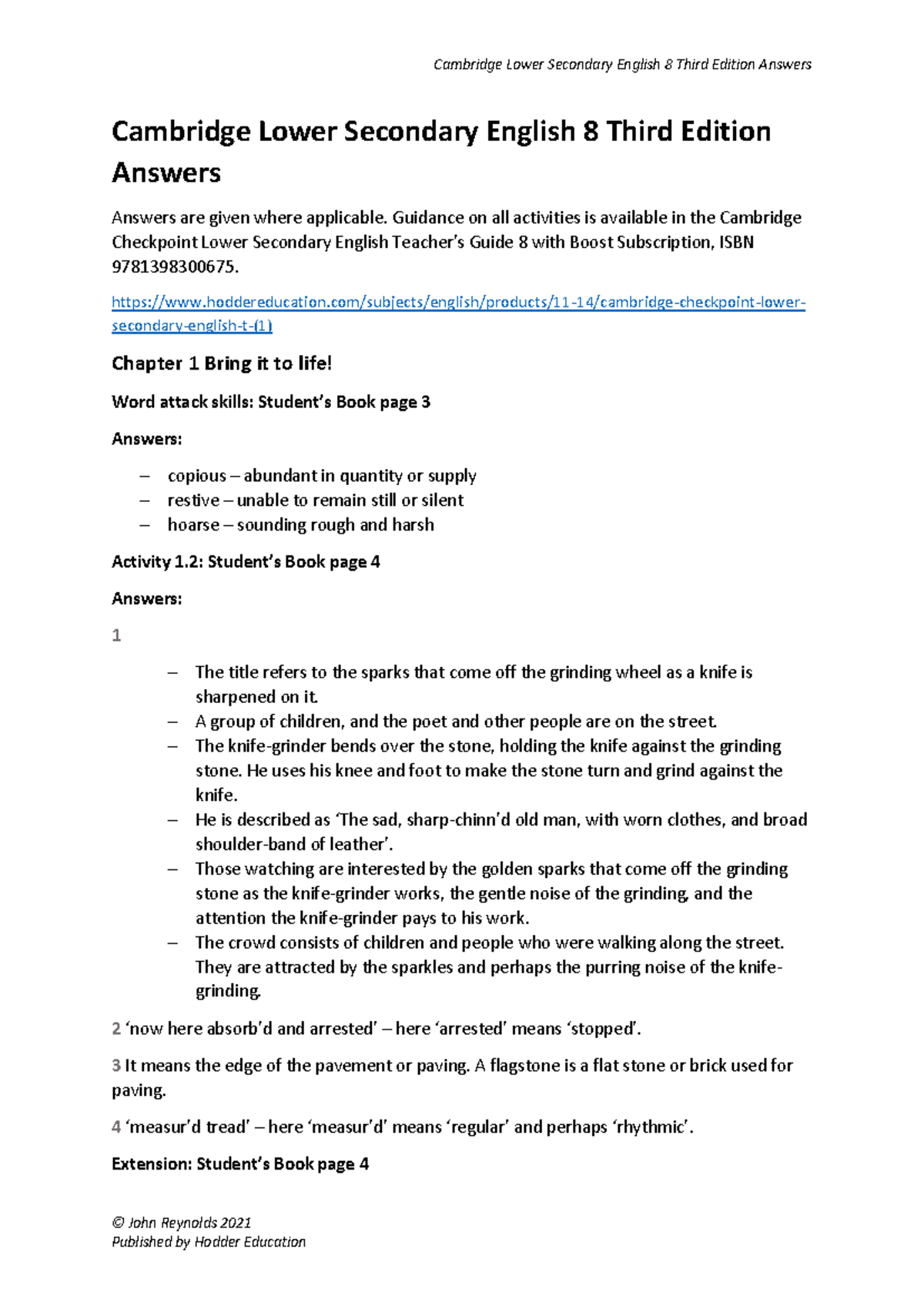 Cambridge Checkpoint Lower Secondary English 8 Teacher's Guide - Studocu