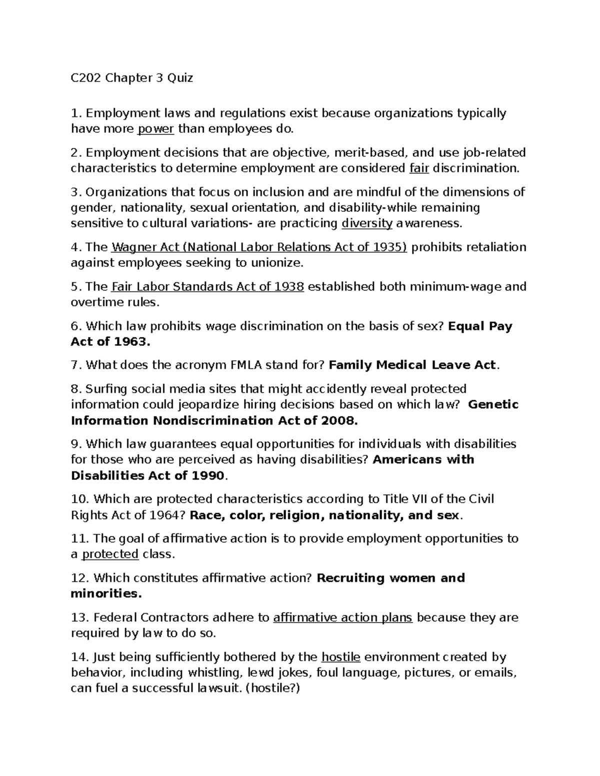 C202 Chapter 3 Quiz: Employment Laws & Diversity Awareness - Studocu