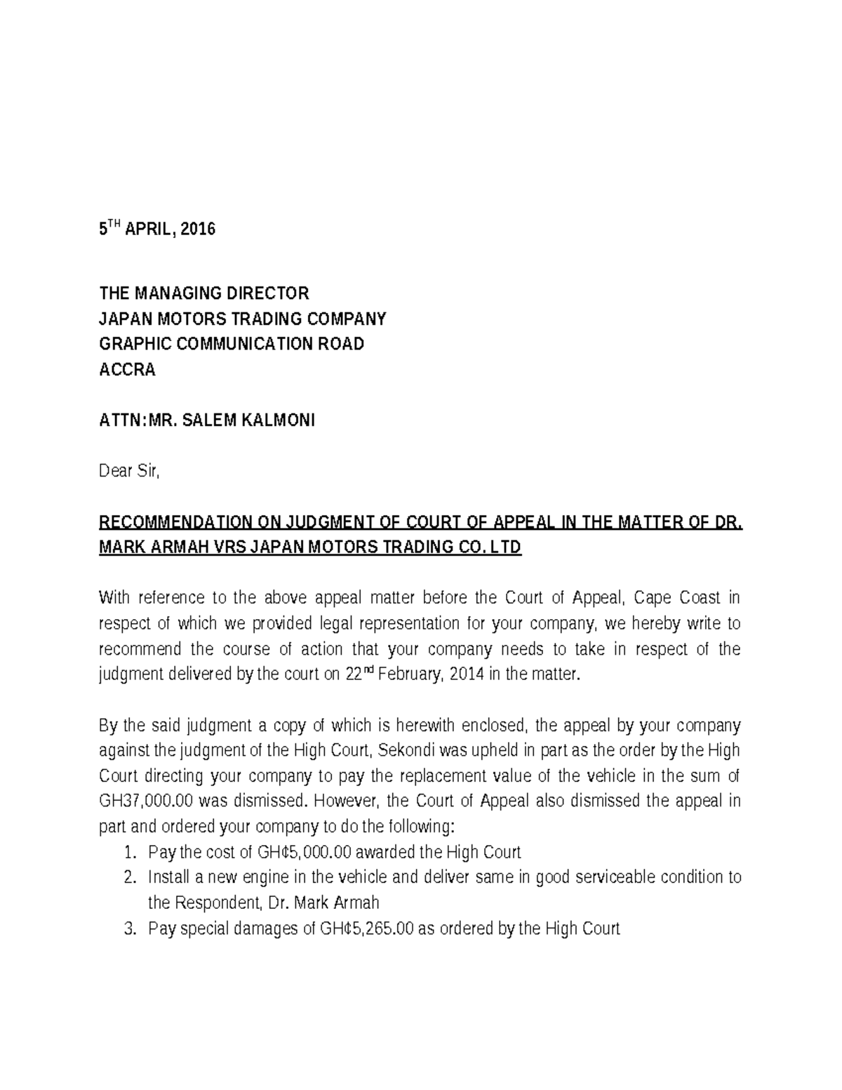 Recommendation Letter on Court of Appeal Judgment for Japan Motors ...