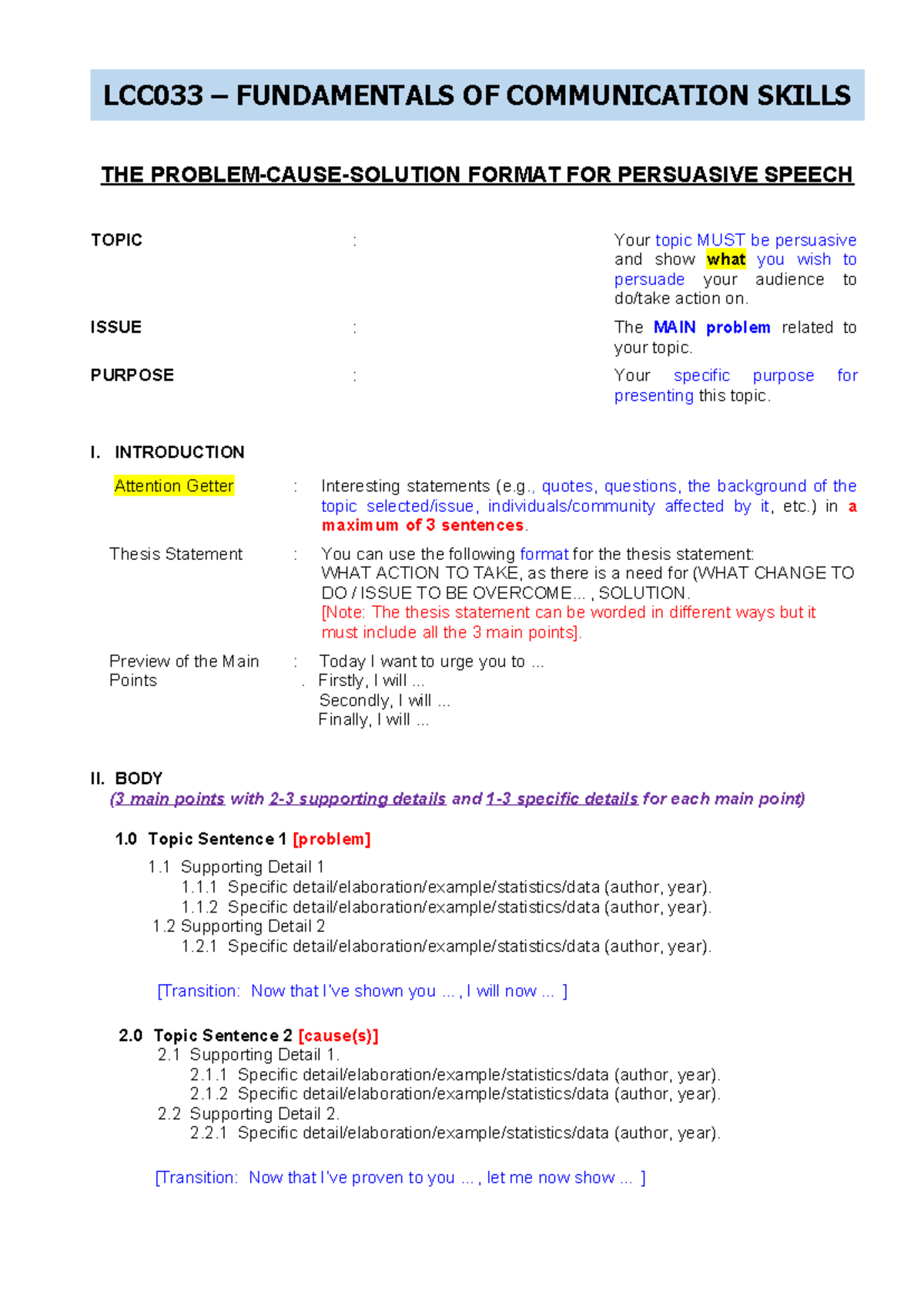 PS Outline Template - LCC 033 – FUNDAMENTALS OF COMMUNICATION SKILLS ...
