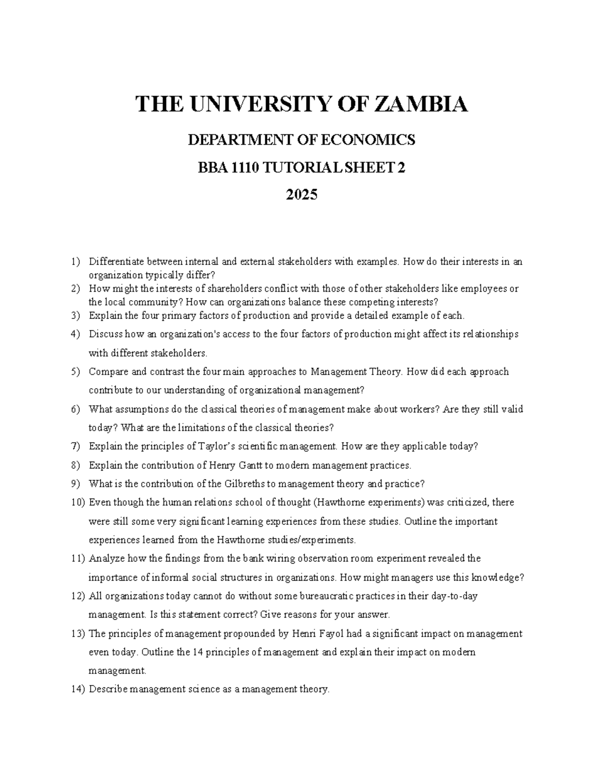 BBA 1110 Tutorial Sheet 2: Stakeholders & Management Theories - Studocu