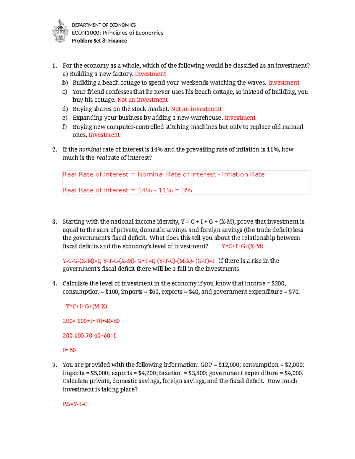 PS 8 - Finance - problem set - DEPARTMENT OF ECONOMICS ECON1000 ...