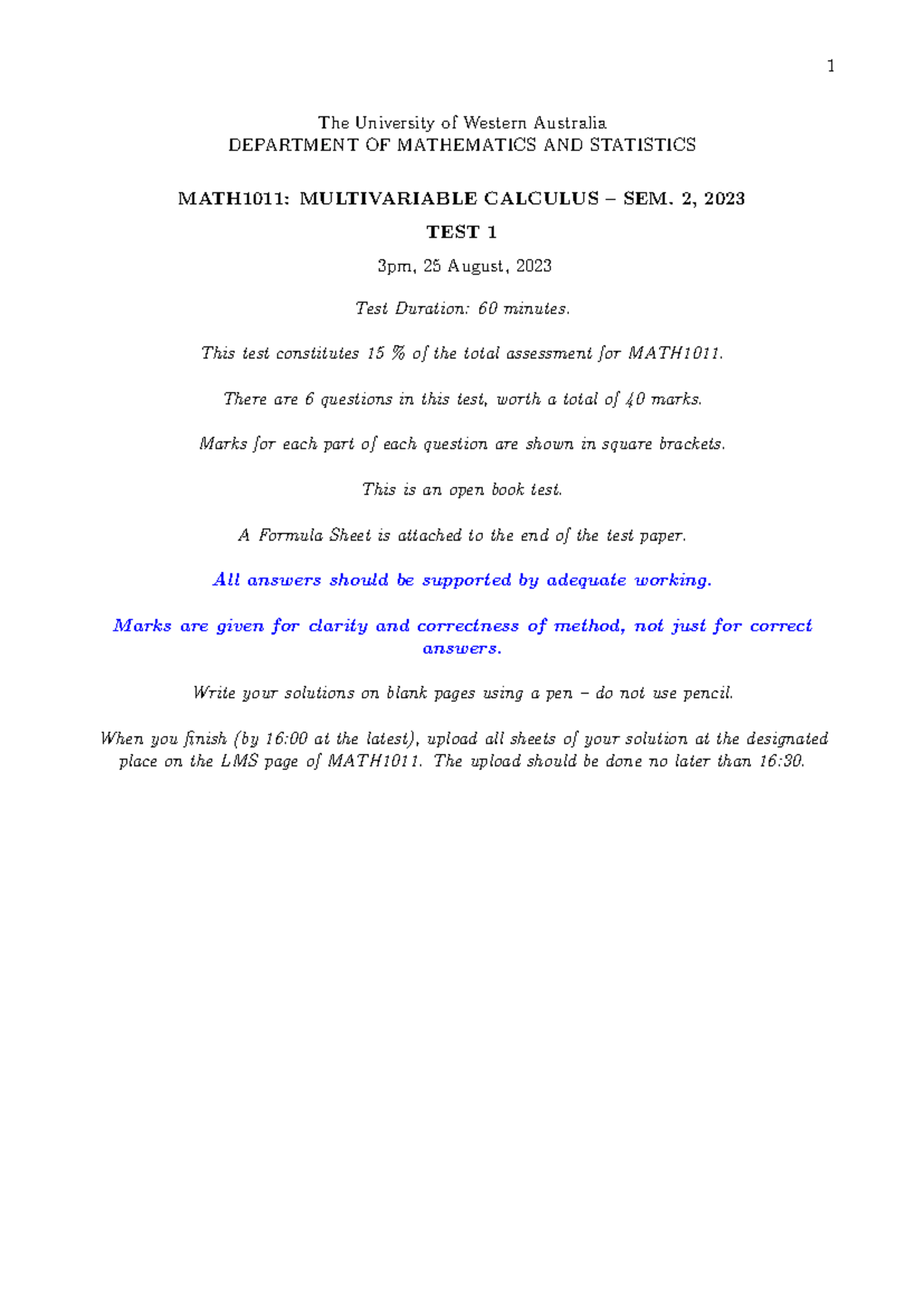 MATH1011: Sem 2 2023 Multivariable Calculus Test 1 Practice Test - Studocu