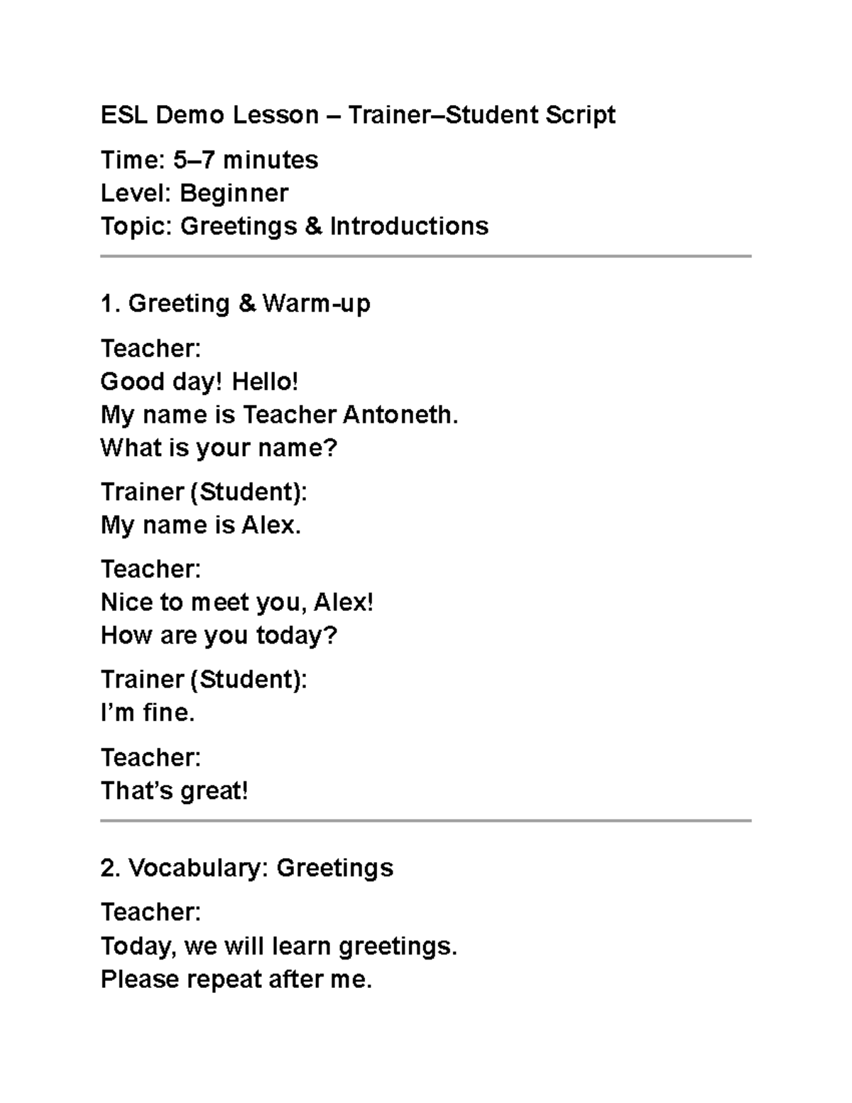 ESL 101 Demo Lesson Script: Greetings & Introductions - Studocu