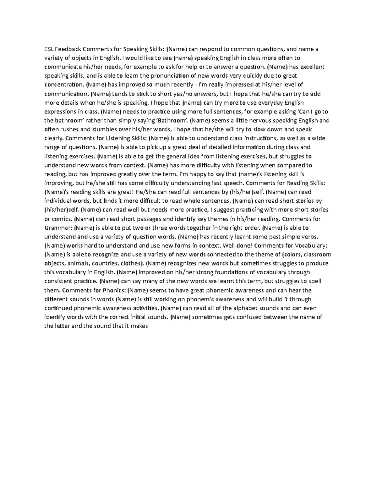 ESL Feedback Comments for Speaking Skills - I would like to see (name ...