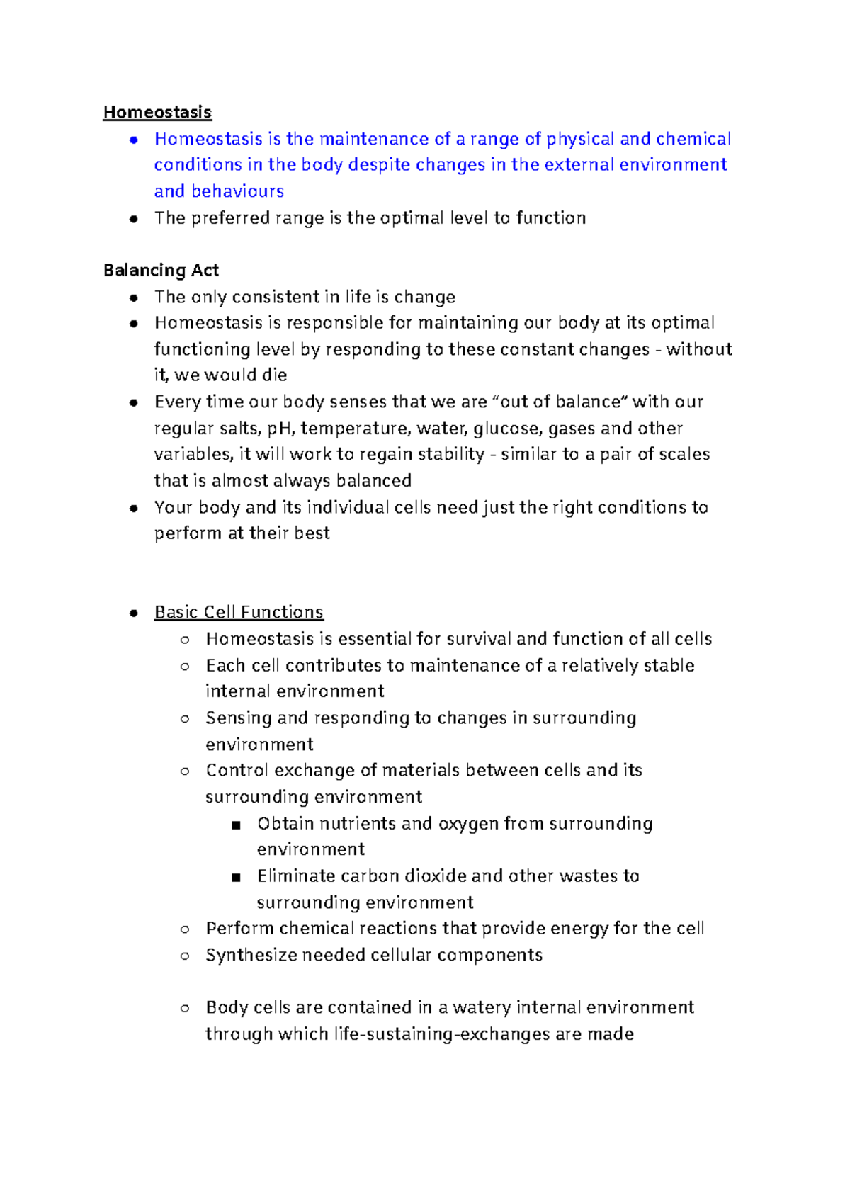 Biology 101: Homeostasis Mini Test Notes - Studocu