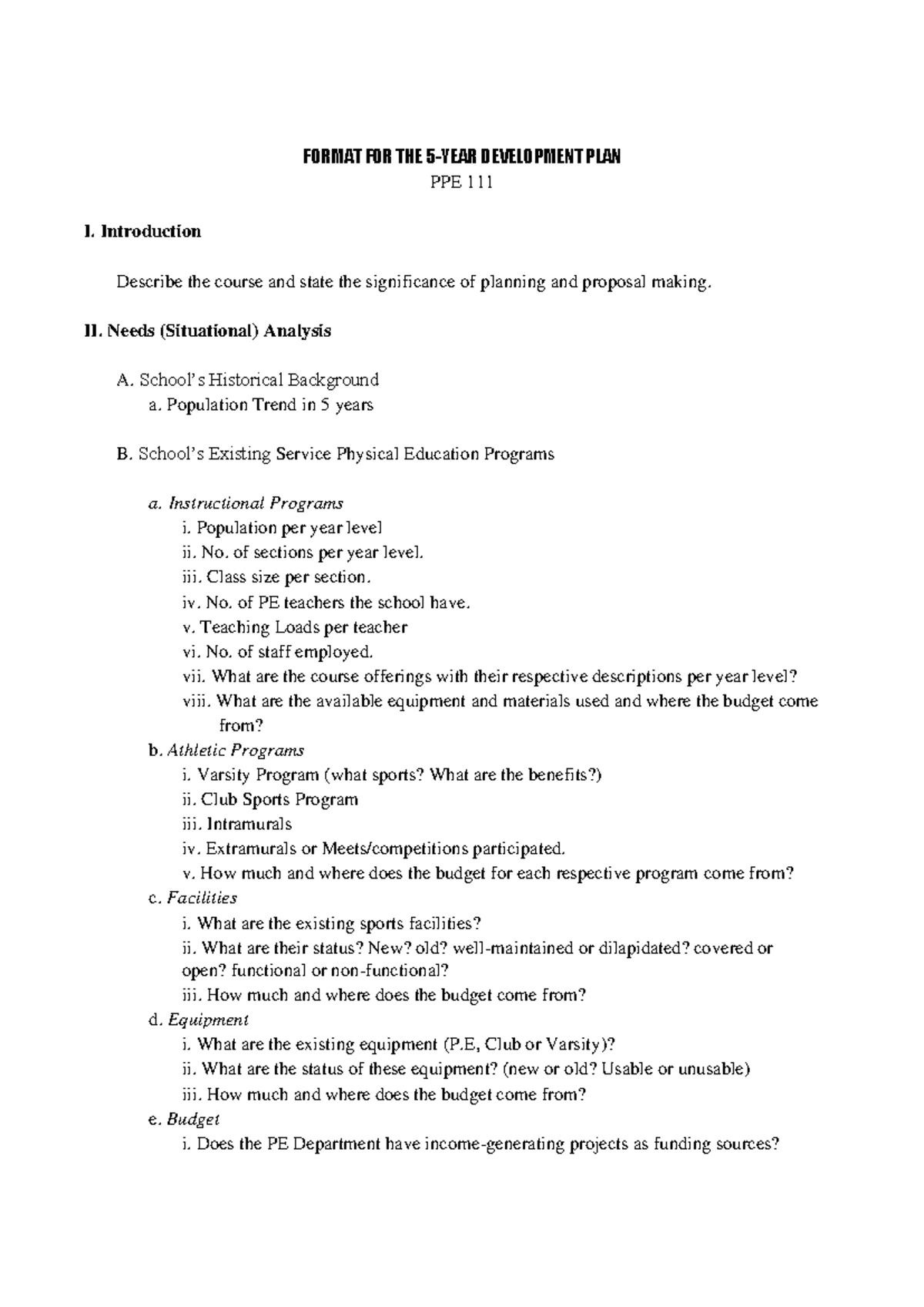 PPE 111: Format for the 5-Year Development Plan Document - Studocu