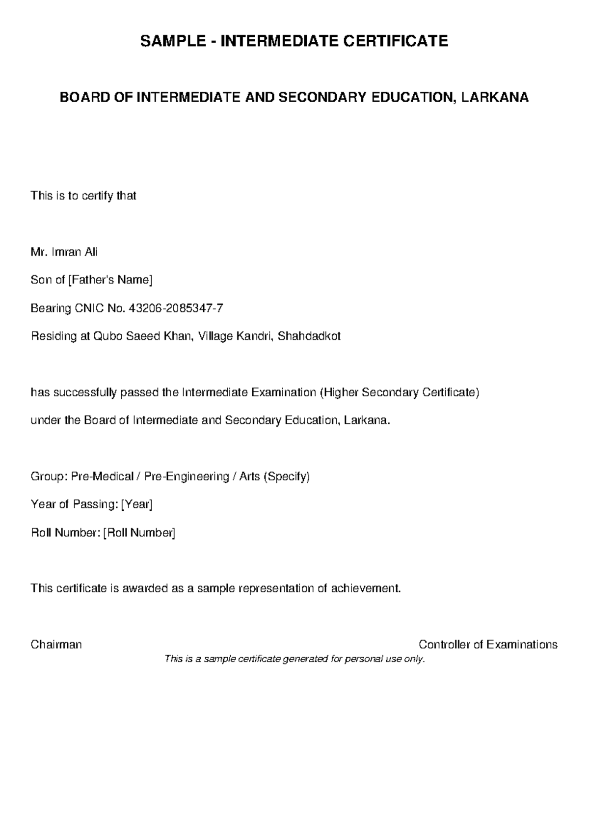 Sample Intermediate Certificate Imran Ali - SAMPLE - INTERMEDIATE ...