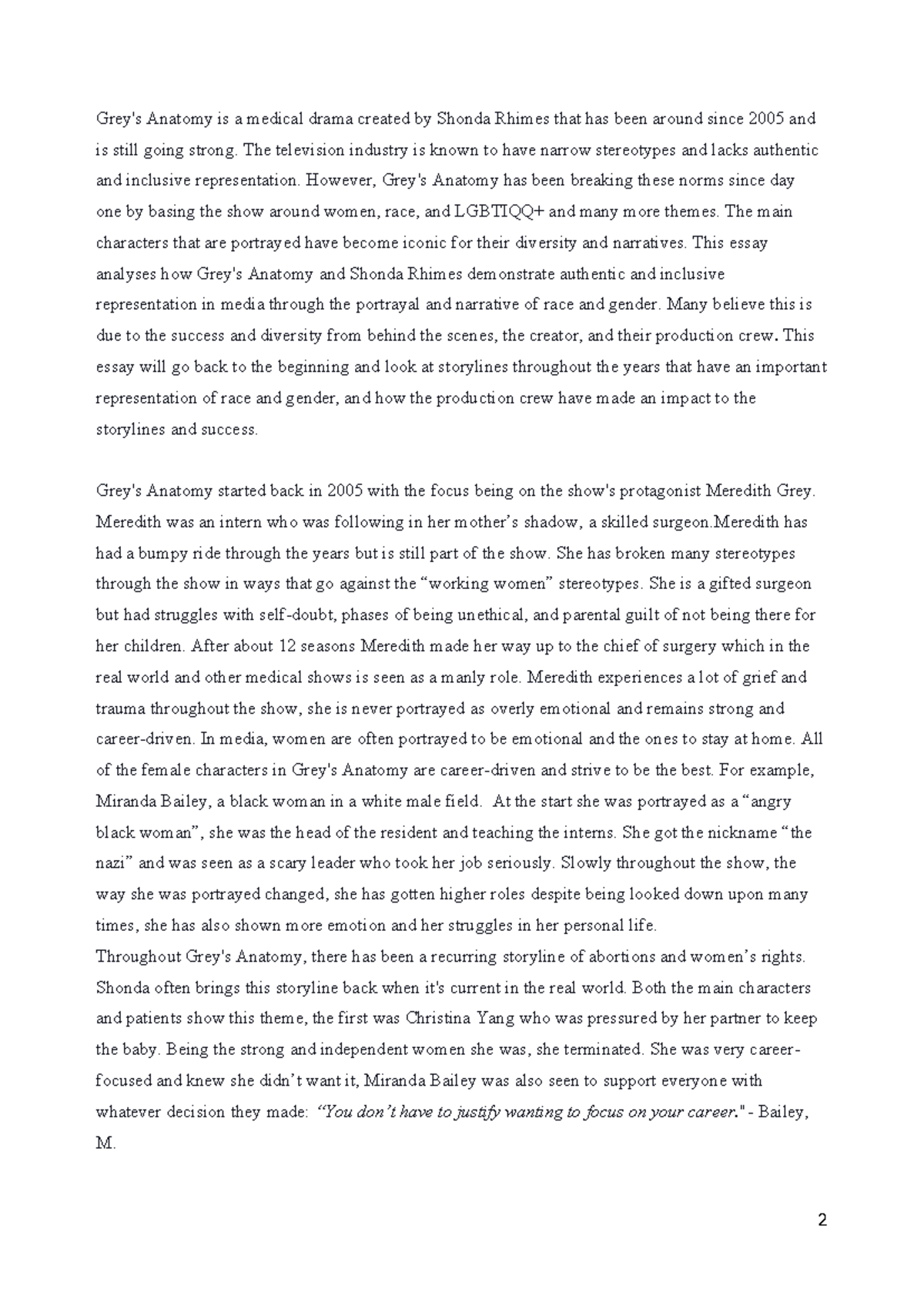 Coms101 Final Exam Essay: Analyzing Representation in Grey's Anatomy ...