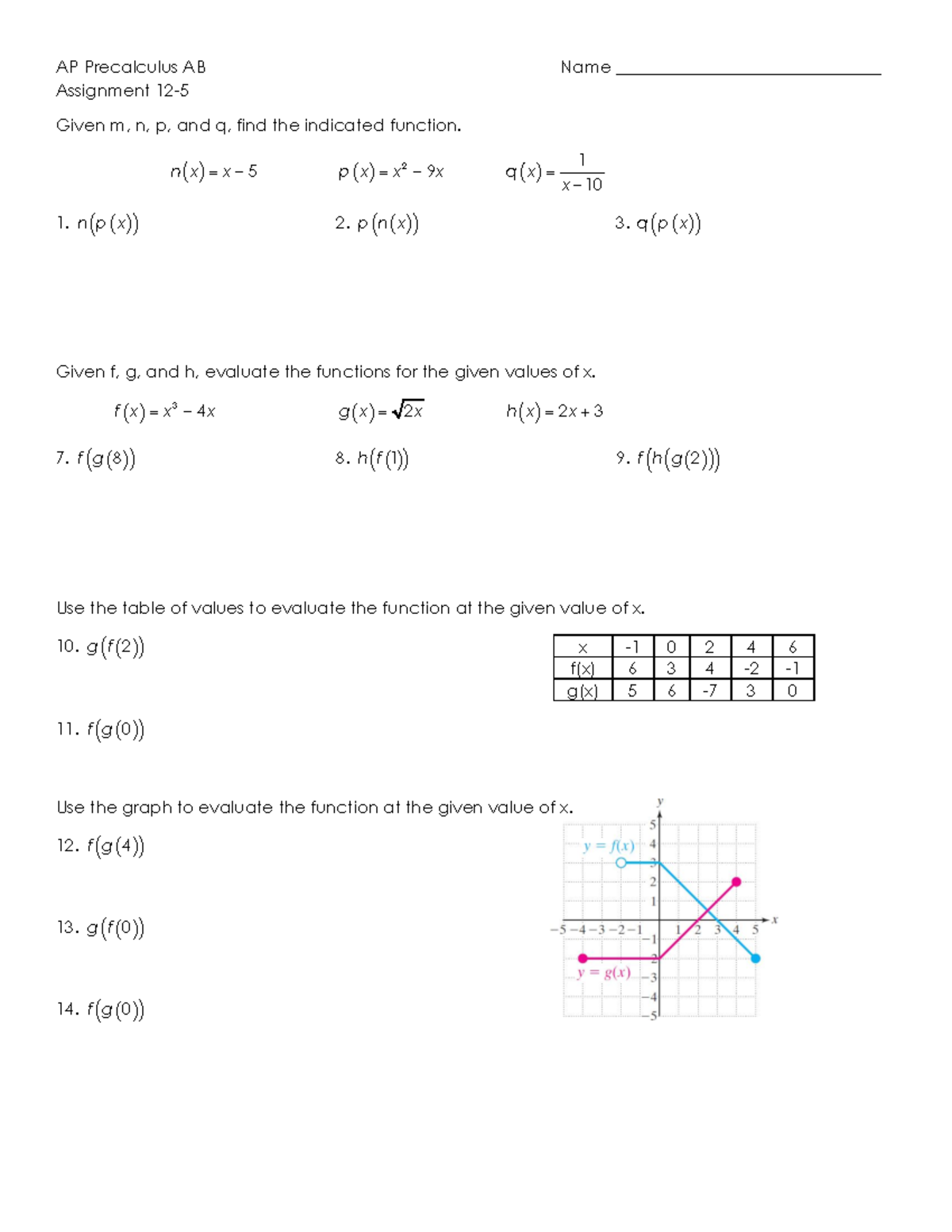 AP Precalculus AB 12-5 Assignment on Function Evaluations and Compositions - Studocu
