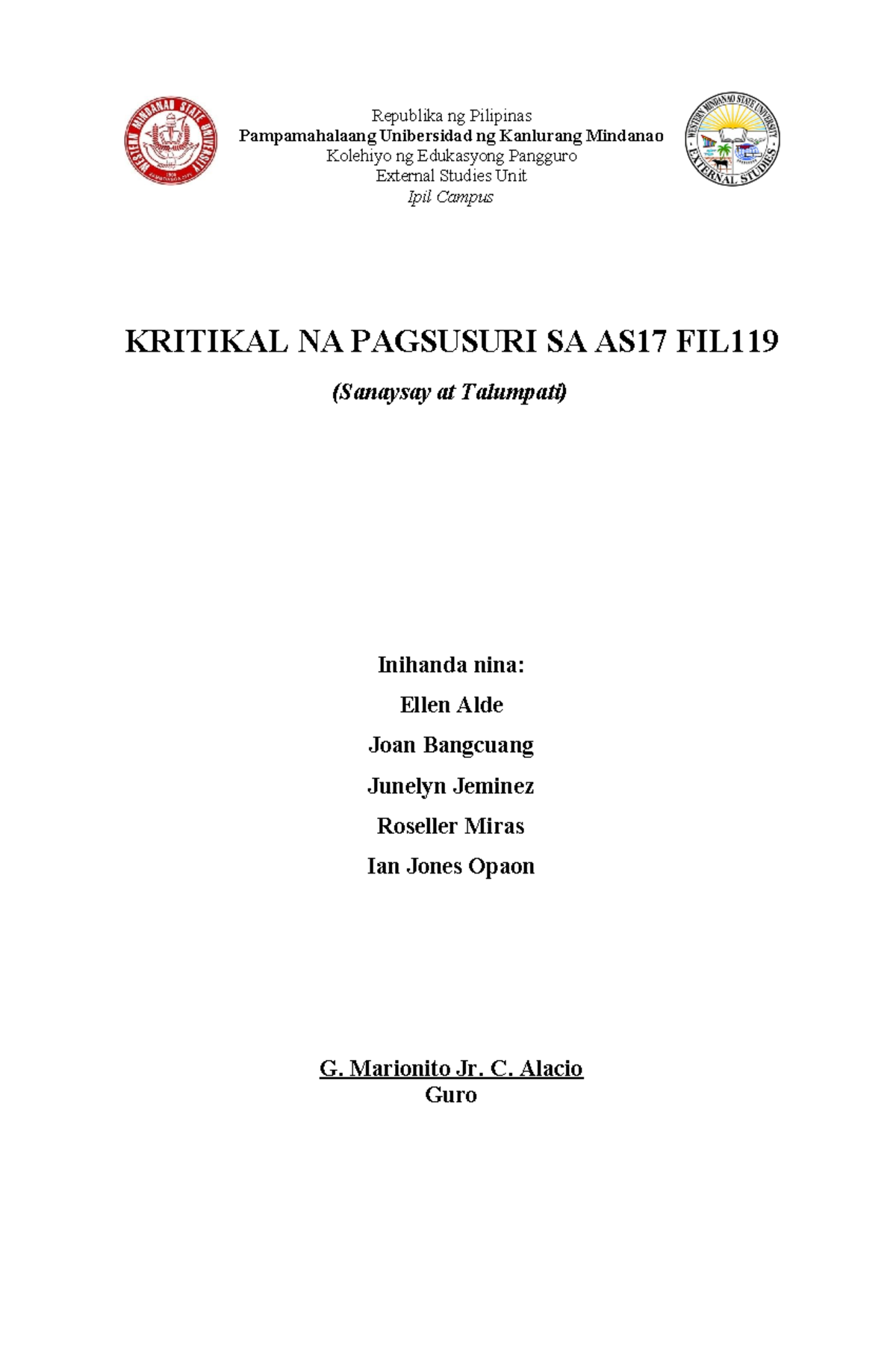 Kritikal na Pagsusuri ng Tata Selo: AS17 FIL Sanaysay at Talumpati ...