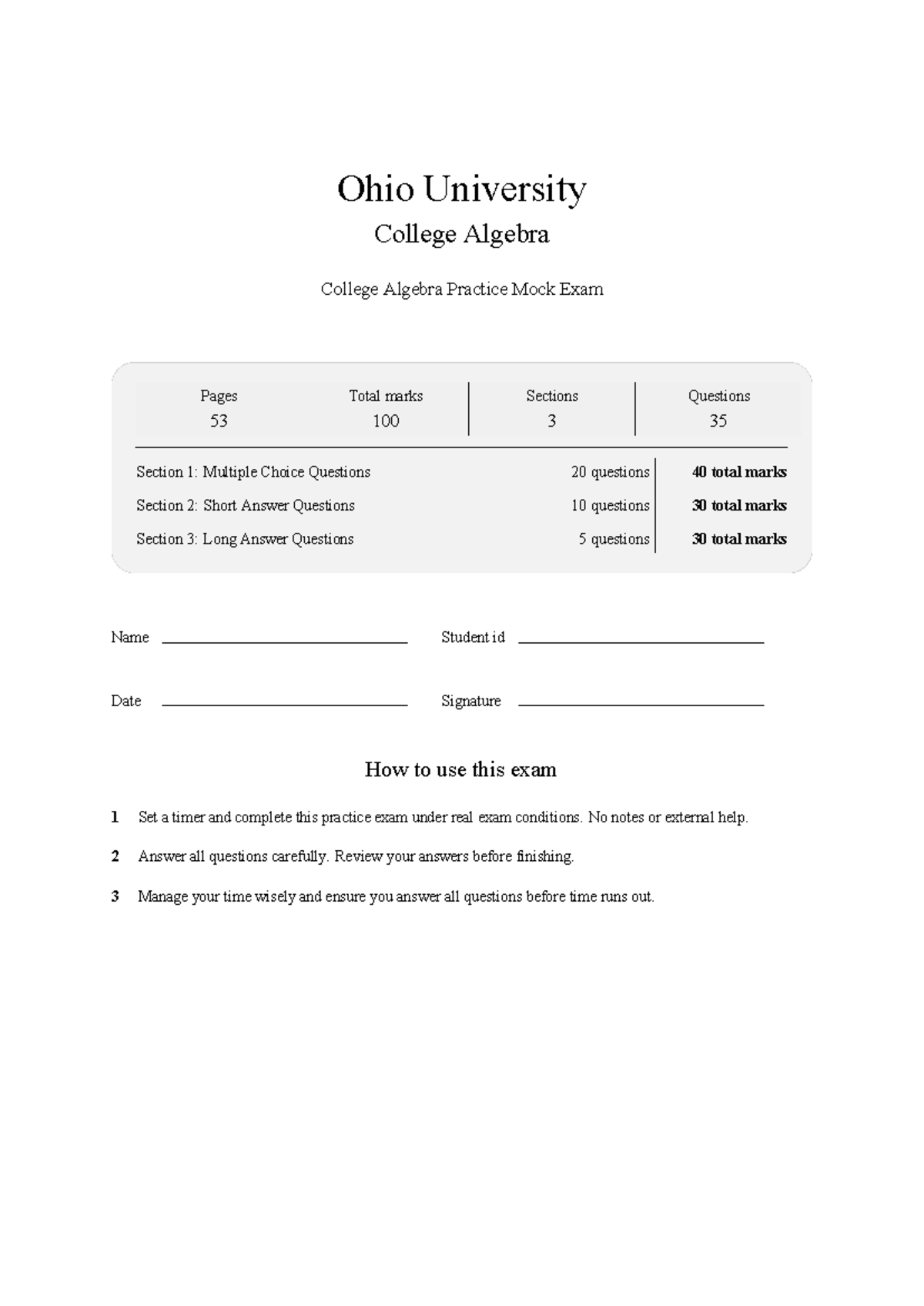 MATH 113 College Algebra Mock Exam Practice Questions 2026 - Studocu