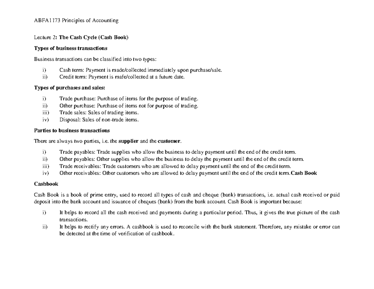 L2- Cashbook and petty cash book - Lecture 2: The Cash Cycle (Cash Book ...