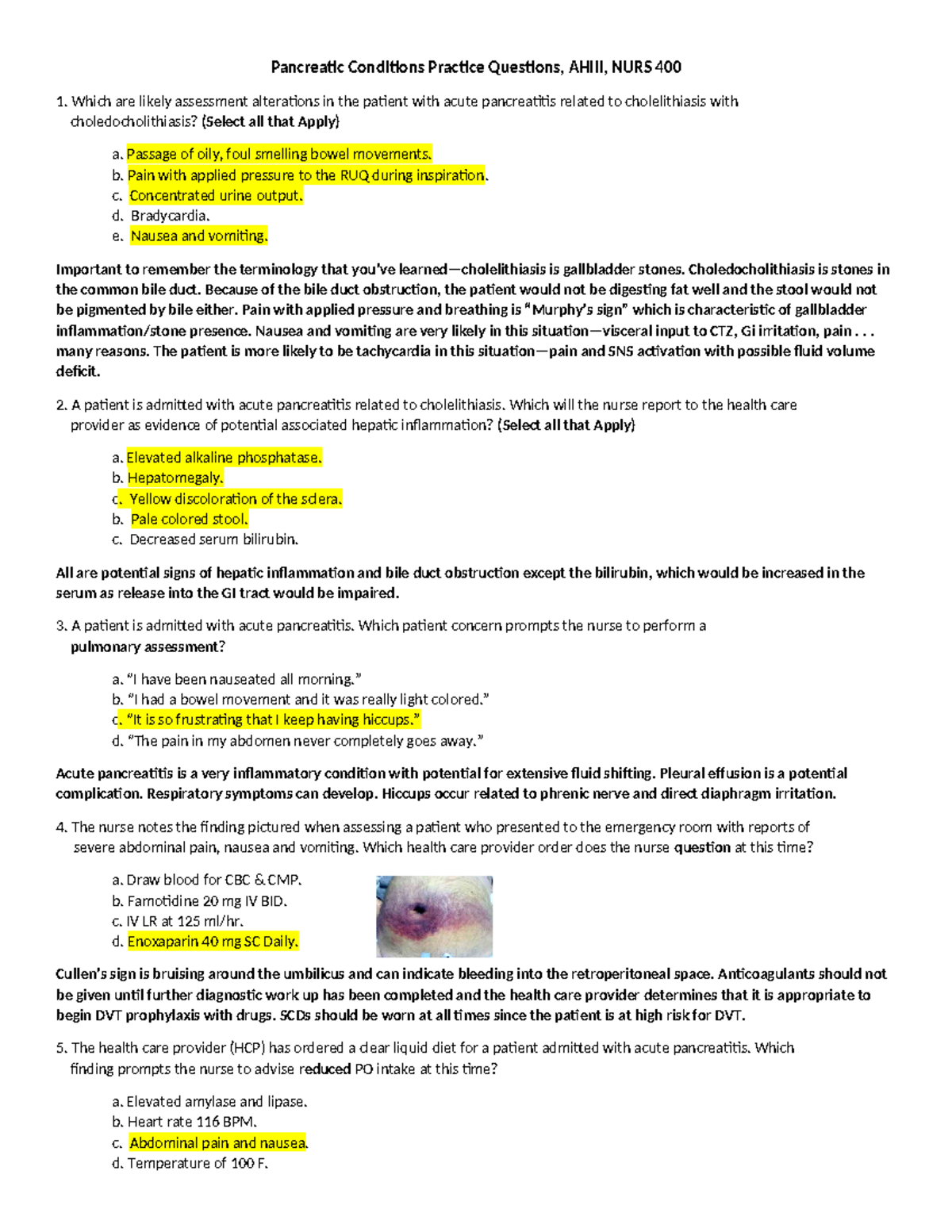 Pancreatic Conditions Practice Questions, NURS 400: Key Insights and ...