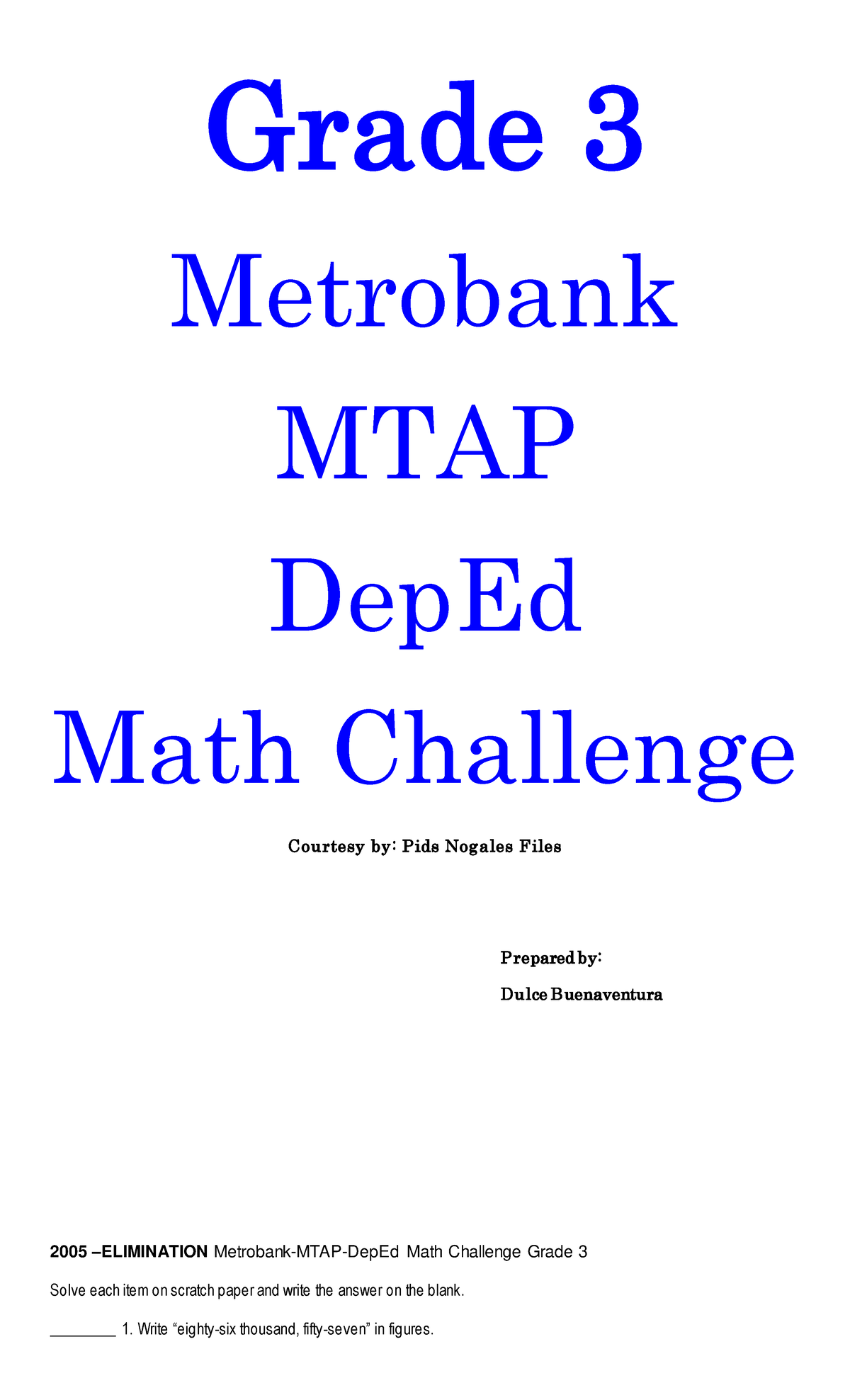 Grade 3 MTAP Math Challenge Reviewer 2005: Practice Problems and ...