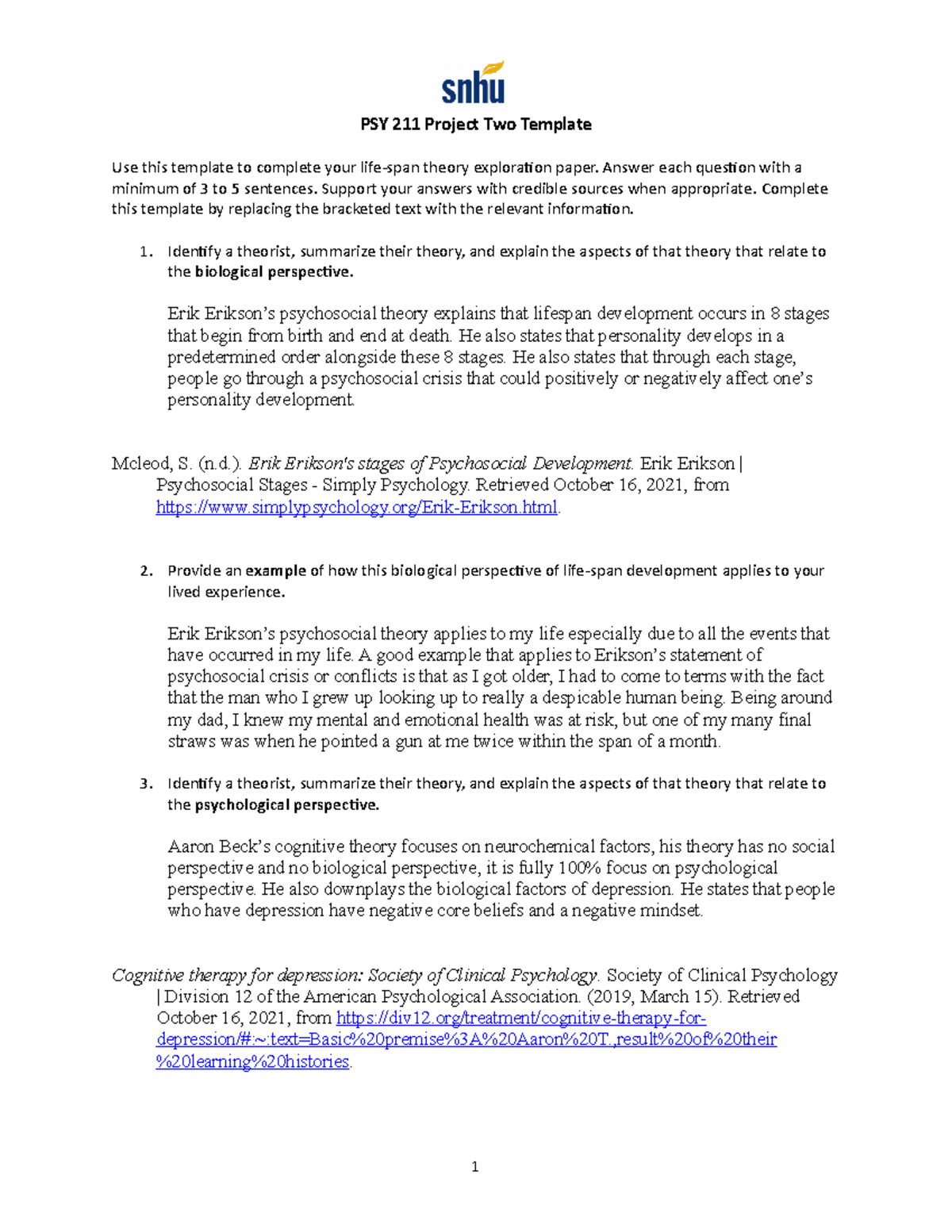 PSY-211 Project Two: Life-Span Theory Exploration Template - Studocu