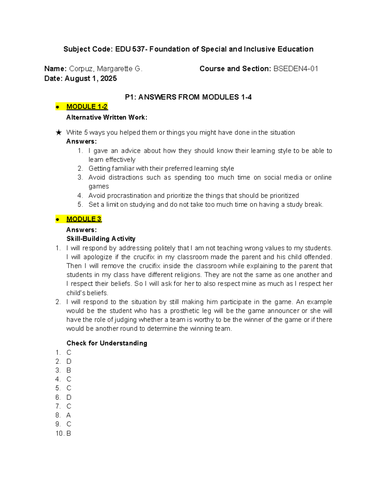 EDU 537: Insights on Special & Inclusive Education Modules 1-4 - Studocu