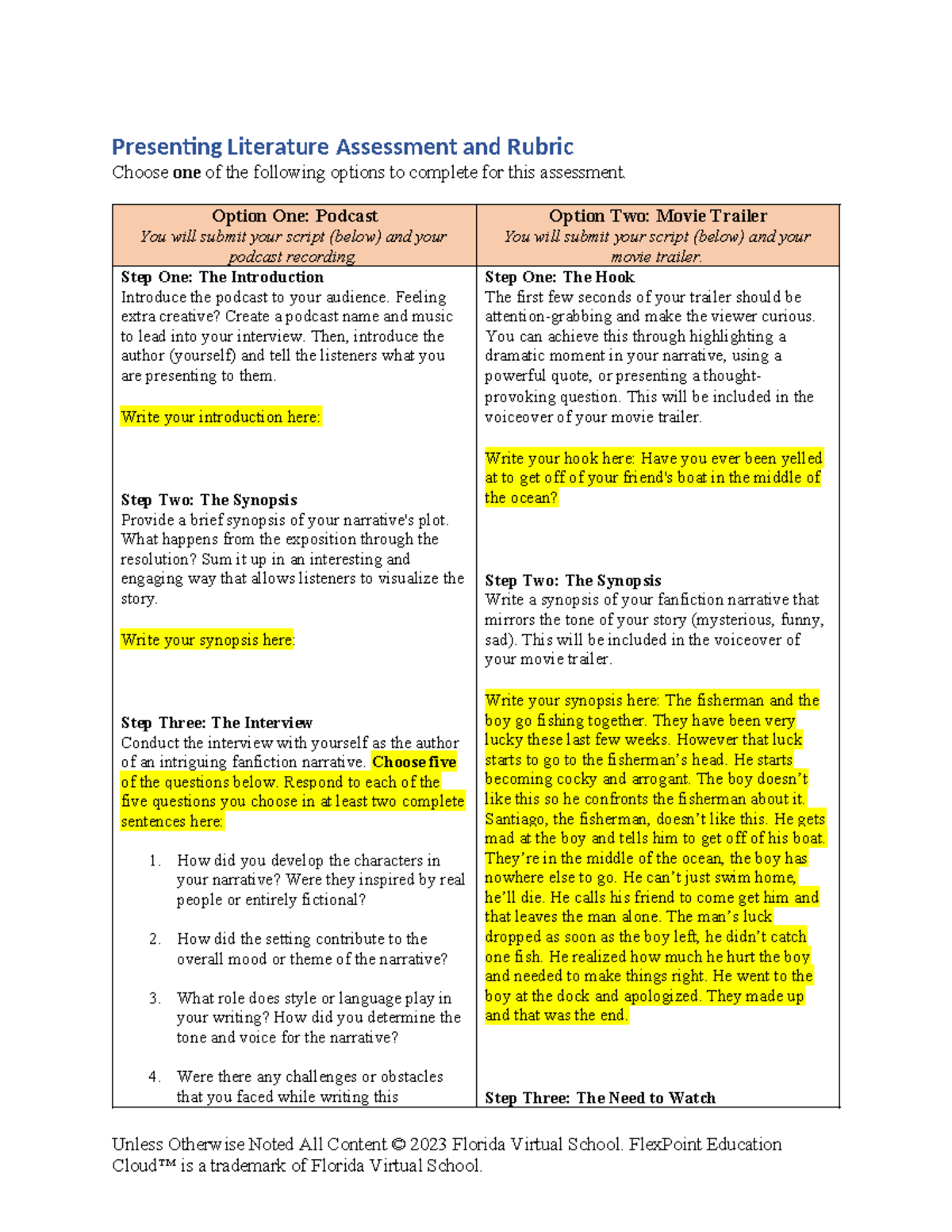 Literature Assessment Rubric: Podcast & Movie Trailer Options - Studocu