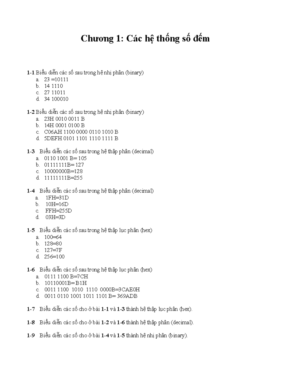 Bài Tập C1: Hệ Thống Số và Biểu Diễn Số Nhị Phân, Thập Phân, Thập Lục - Studocu