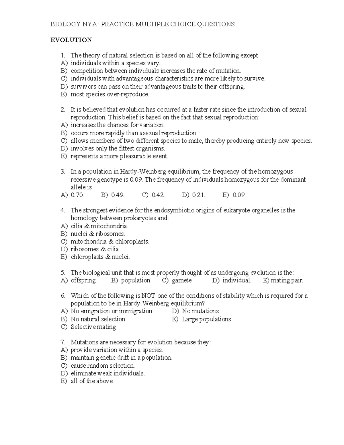 Practice Evolution - BIOLOGY NYA: PRACTICE MULTIPLE CHOICE QUESTIONS ...