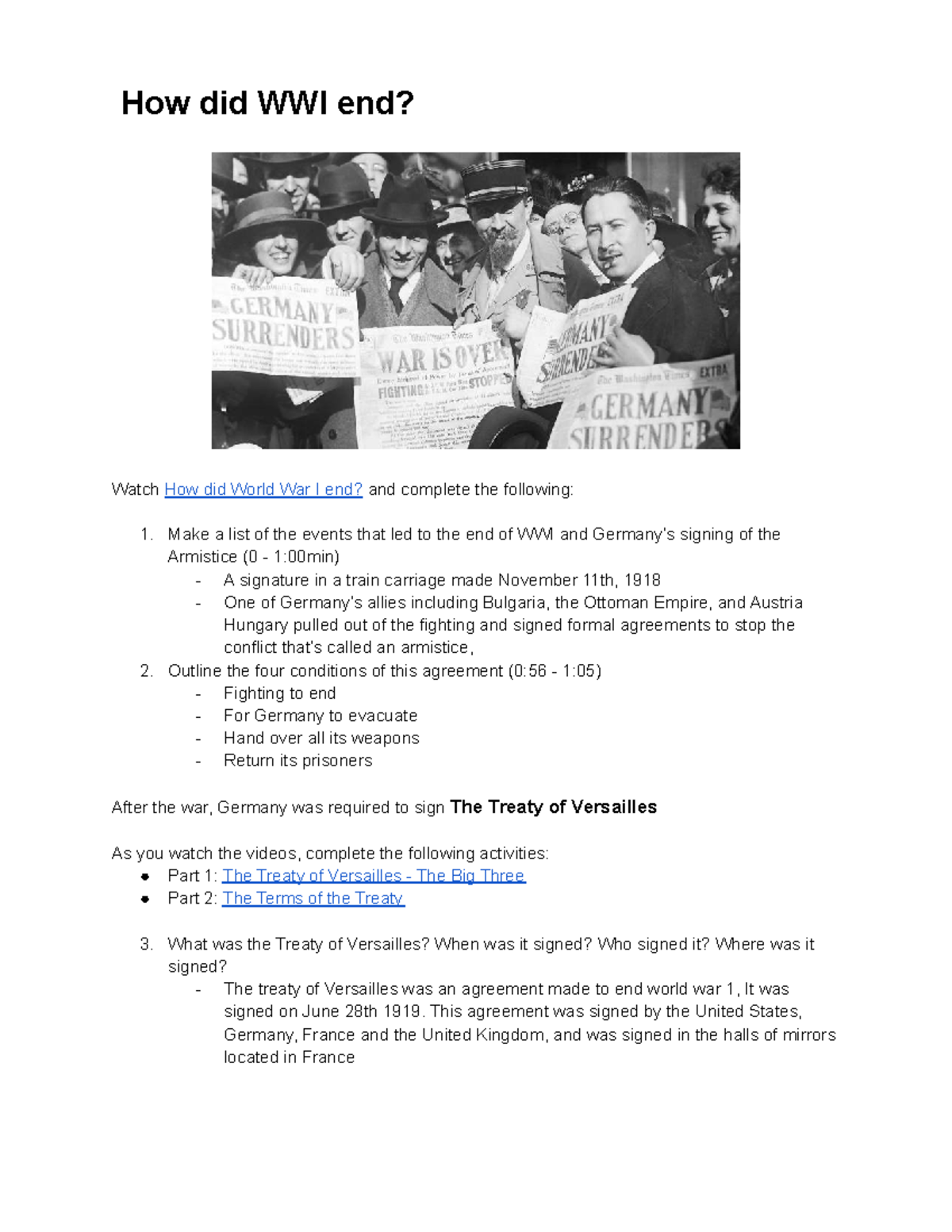 End of WWI and Treaty of Versailles: Key Events & Terms - Studocu